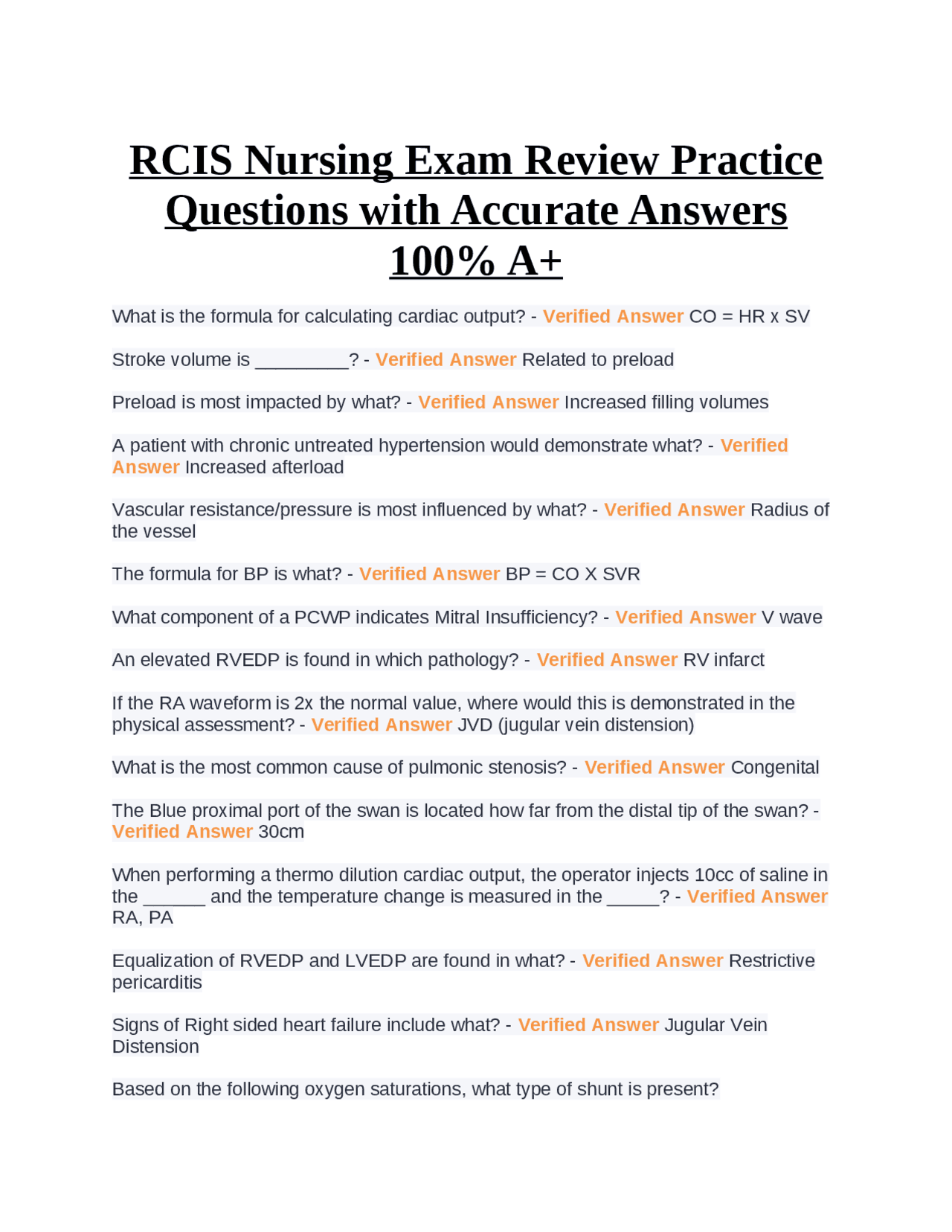 RCIS Nursing Exam Review Practice Questions with Accurate Answers 100% ...