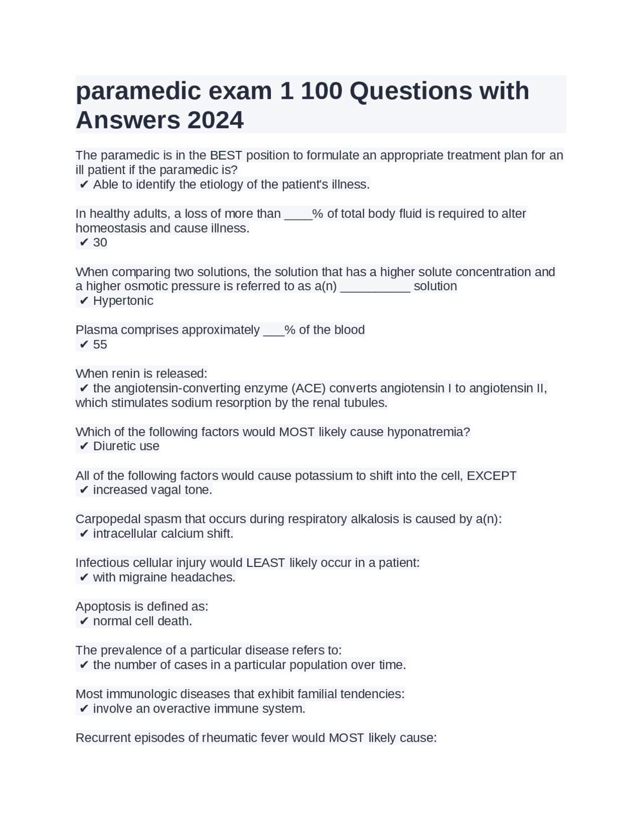 paramedic exam 1 100 Questions with Answers 2024 | Exams Medicine | Docsity