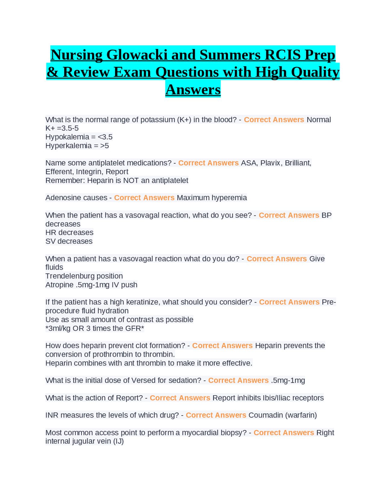 Nursing Glowacki and Summers RCIS Prep & Review Exam Questions with ...