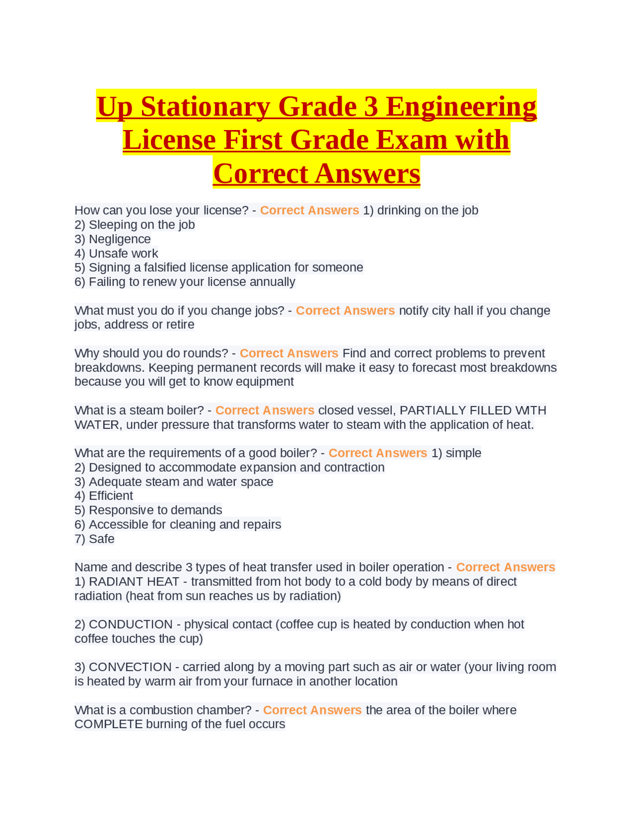 Up Stationary Grade 3 Engineering License First Grade Exam with Correct ...