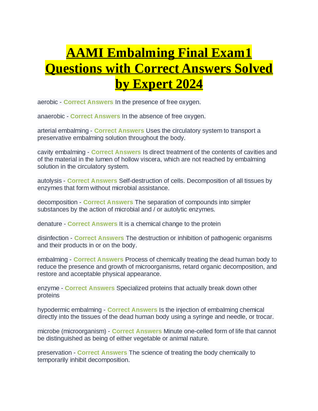 AAMI Embalming Final Exam1 Questions with Correct Answers Solved by ...