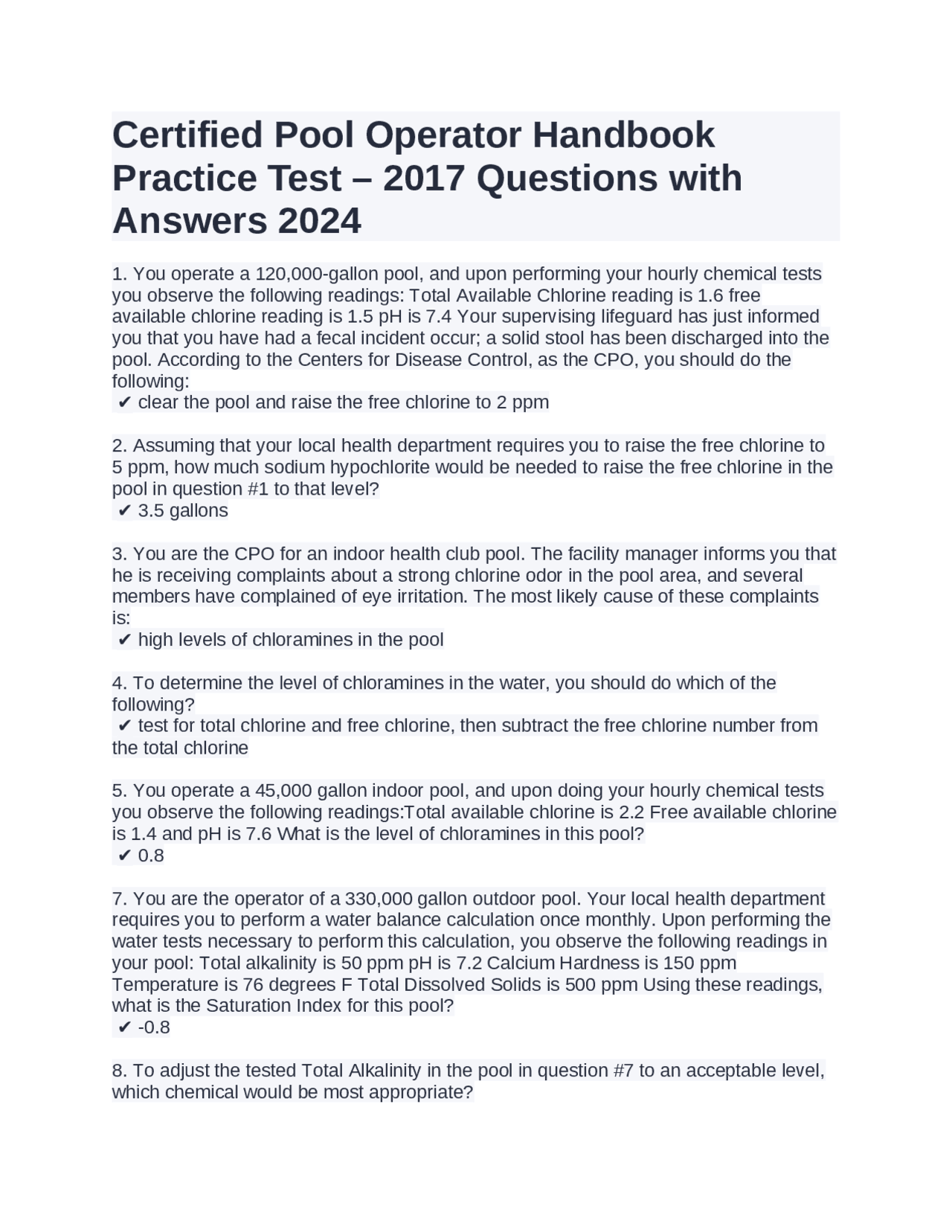 Certified Pool Operator Handbook Practice Test – 2017 Questions with ...