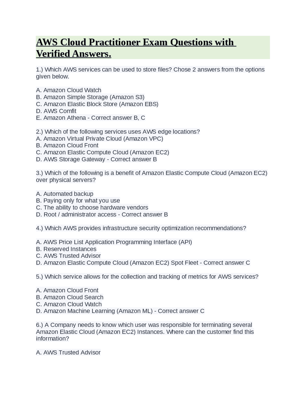 AWS Cloud Practitioner Exam Questions with Verified Answers. | Exams Advanced Computational ...