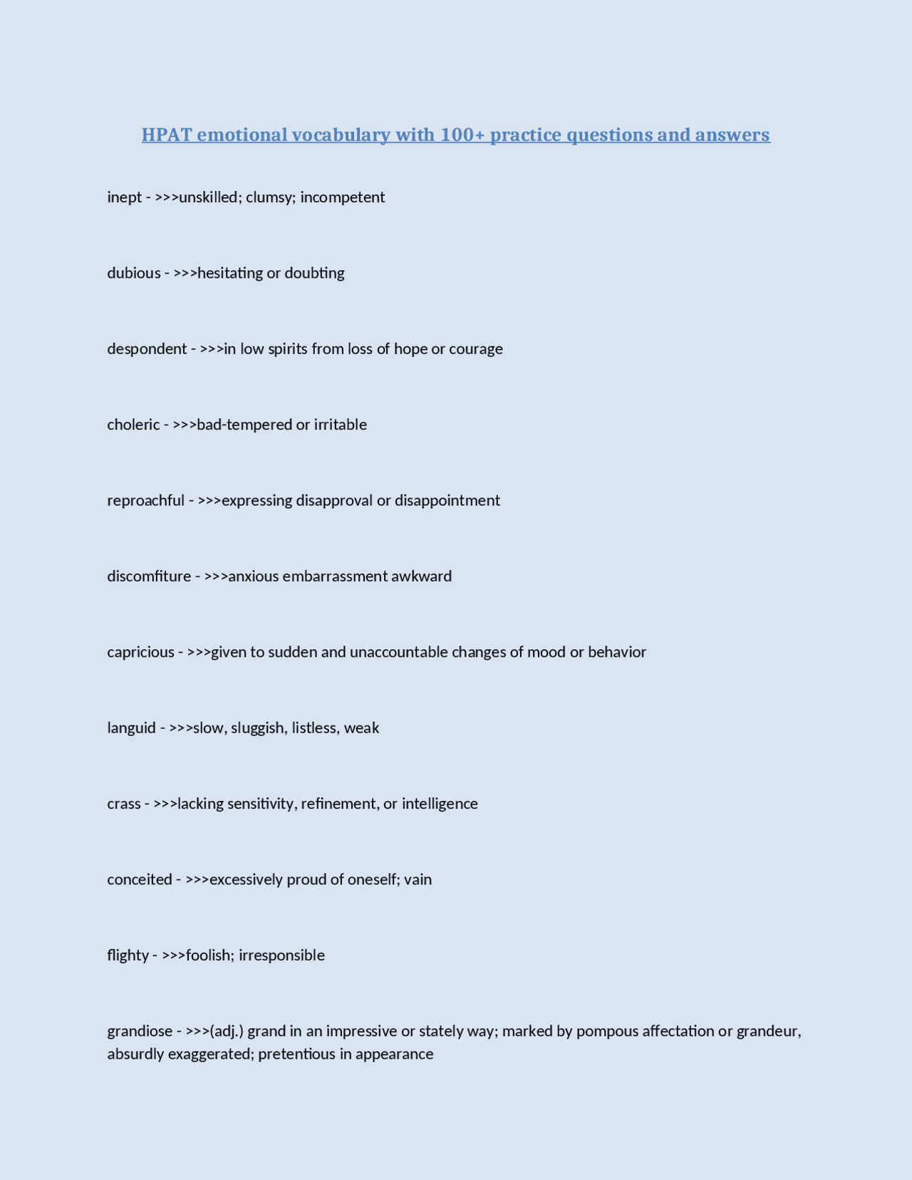 HPAT emotional vocabulary with 100+ practice questions and answers ...