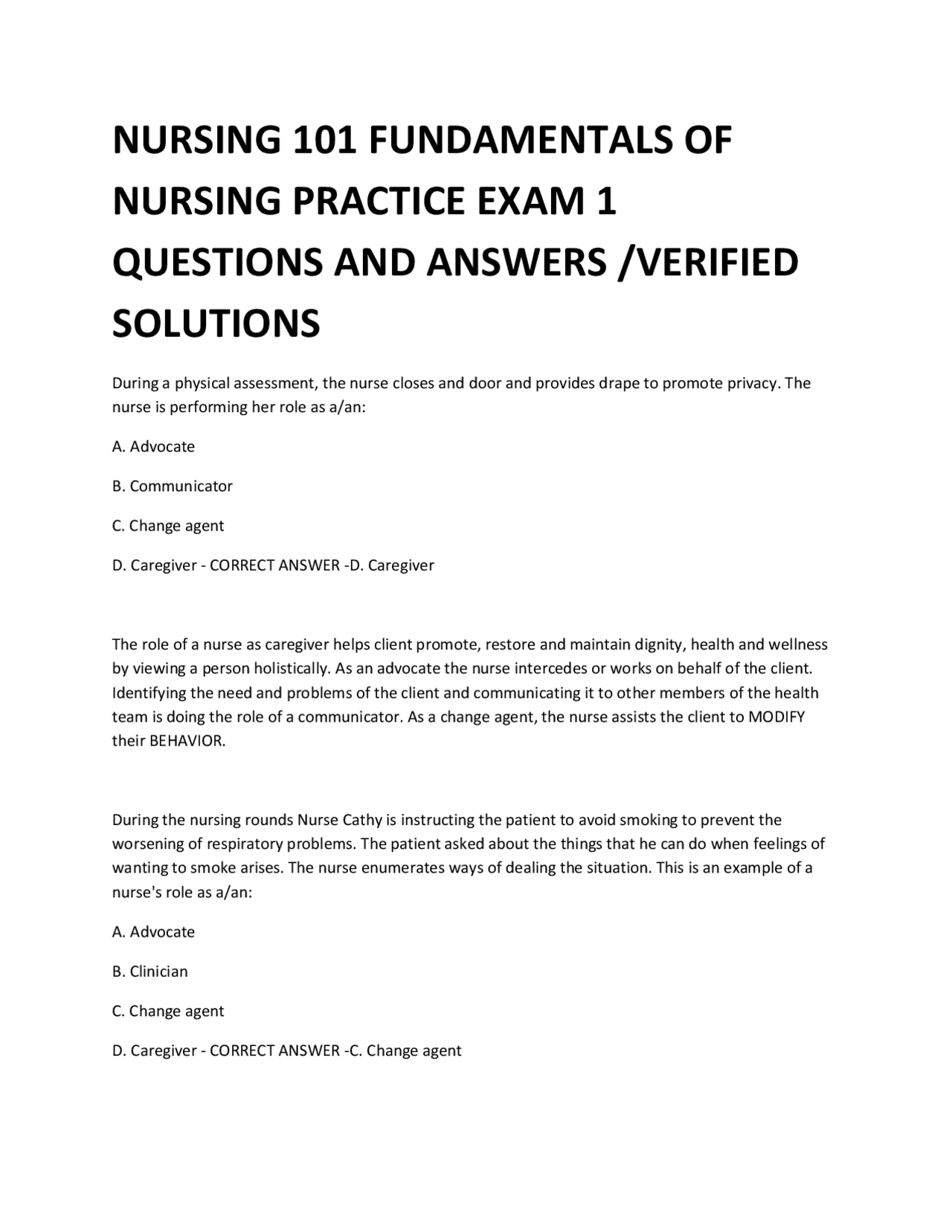 Nursing 101: Fundamentals of Nursing Practice Exam 1 Questions and ...