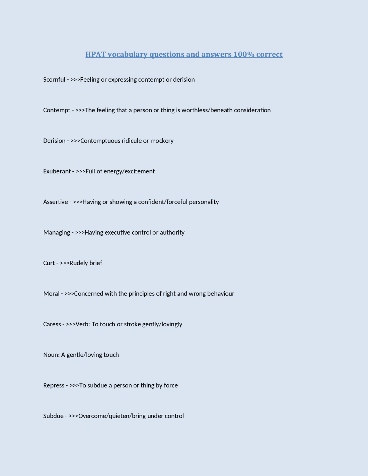 HPAT vocabulary questions and answers 100% correct | Exams Literature ...