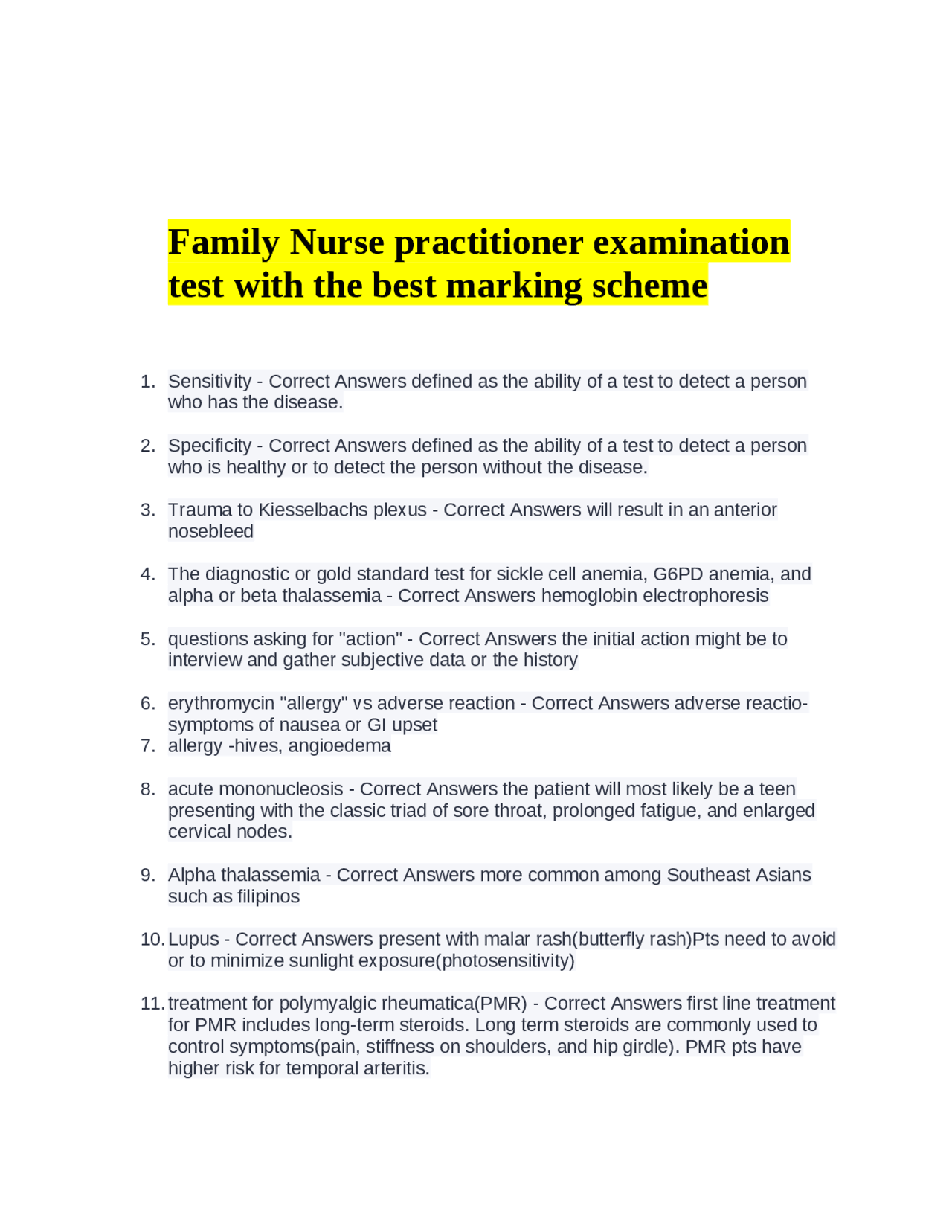 Family Nurse practitioner examination test with the best marking scheme ...