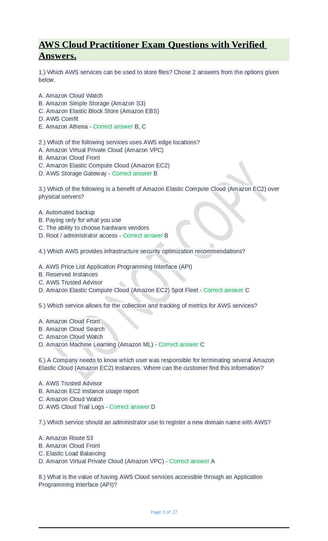 AWS Cloud Practitioner Exam Questions with Verified Answers. | Exams Computer Science | Docsity