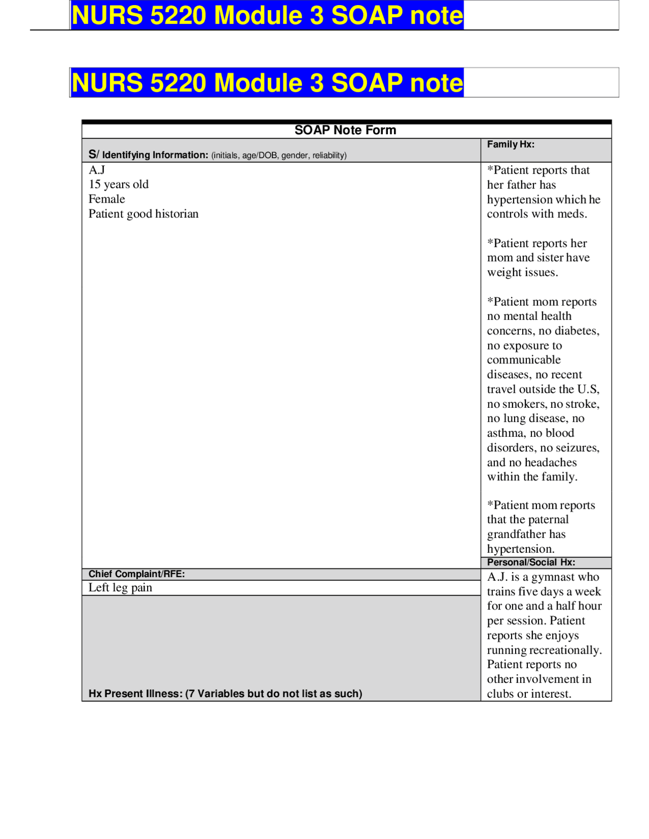 SOAP Note for a 15-year-old Female Gymnast with Left Leg Pain | Exams ...