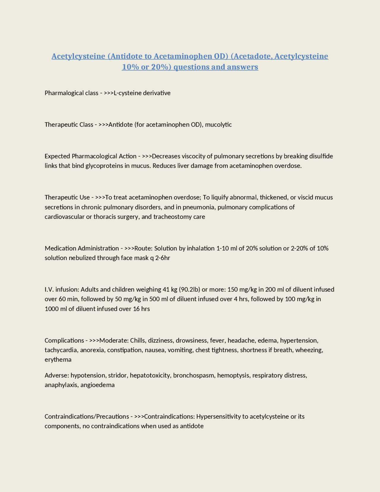 Acetylcysteine (Antidote to Acetaminophen OD) (Acetadote ...