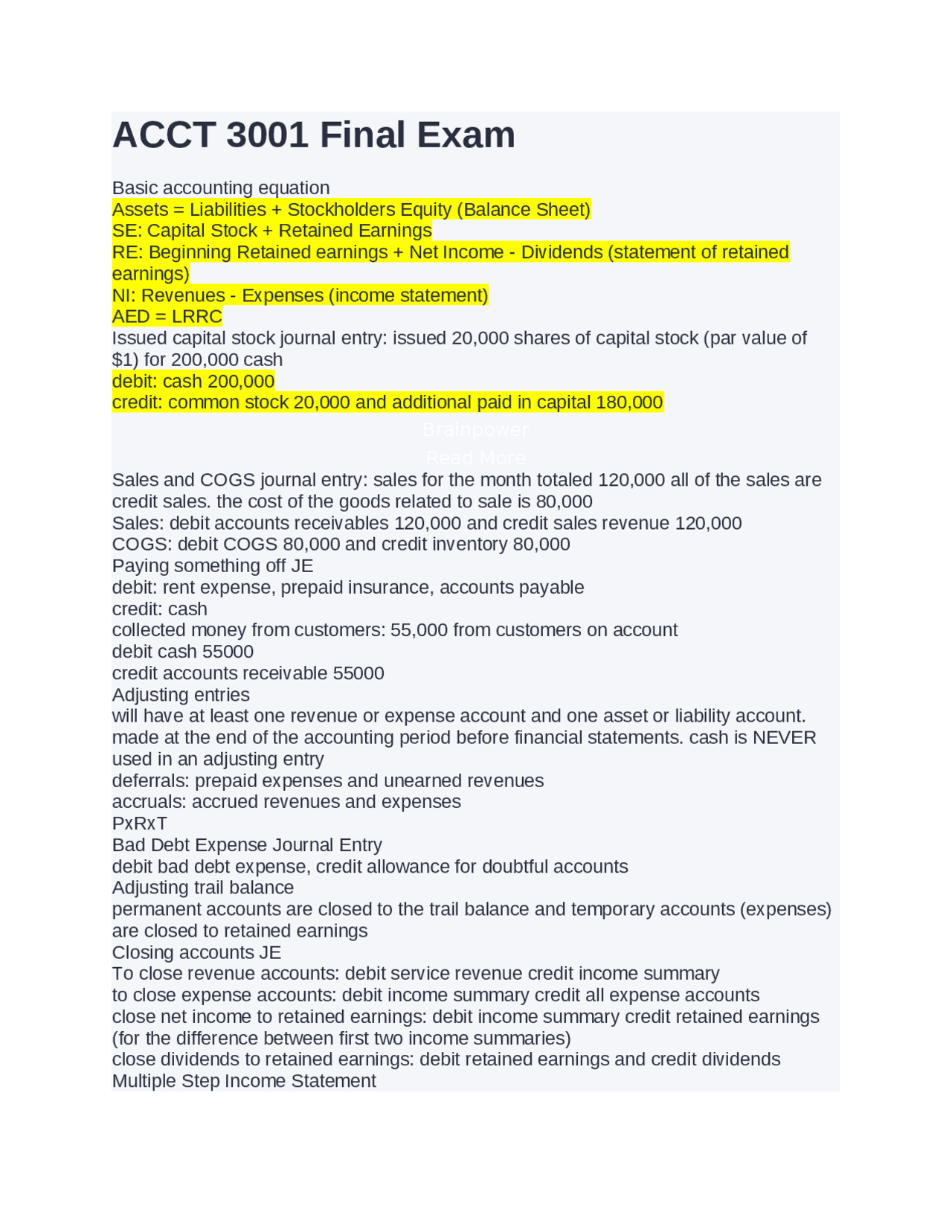 ACCT 3001 Final Exam: Basic Accounting Equation and Journal Entries ...