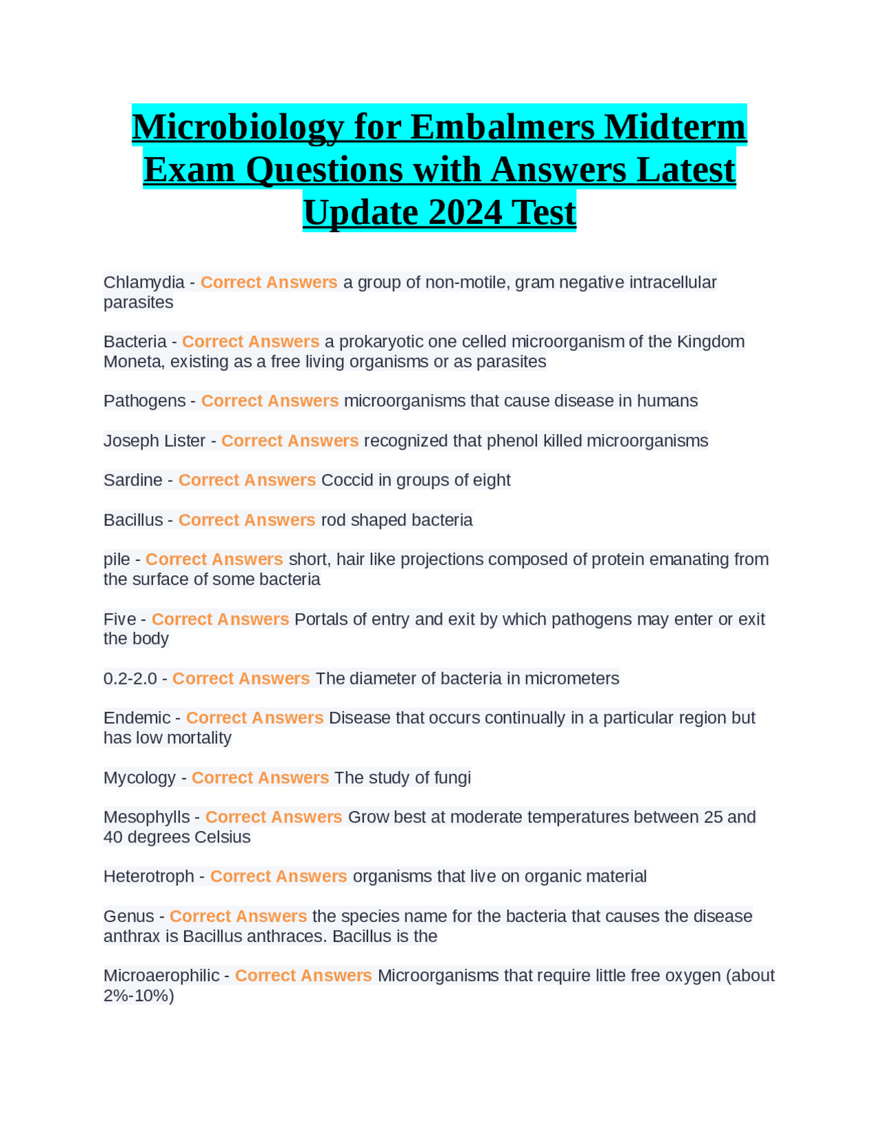 Microbiology for Embalmers Midterm Exam Questions and Answers | Exams ...