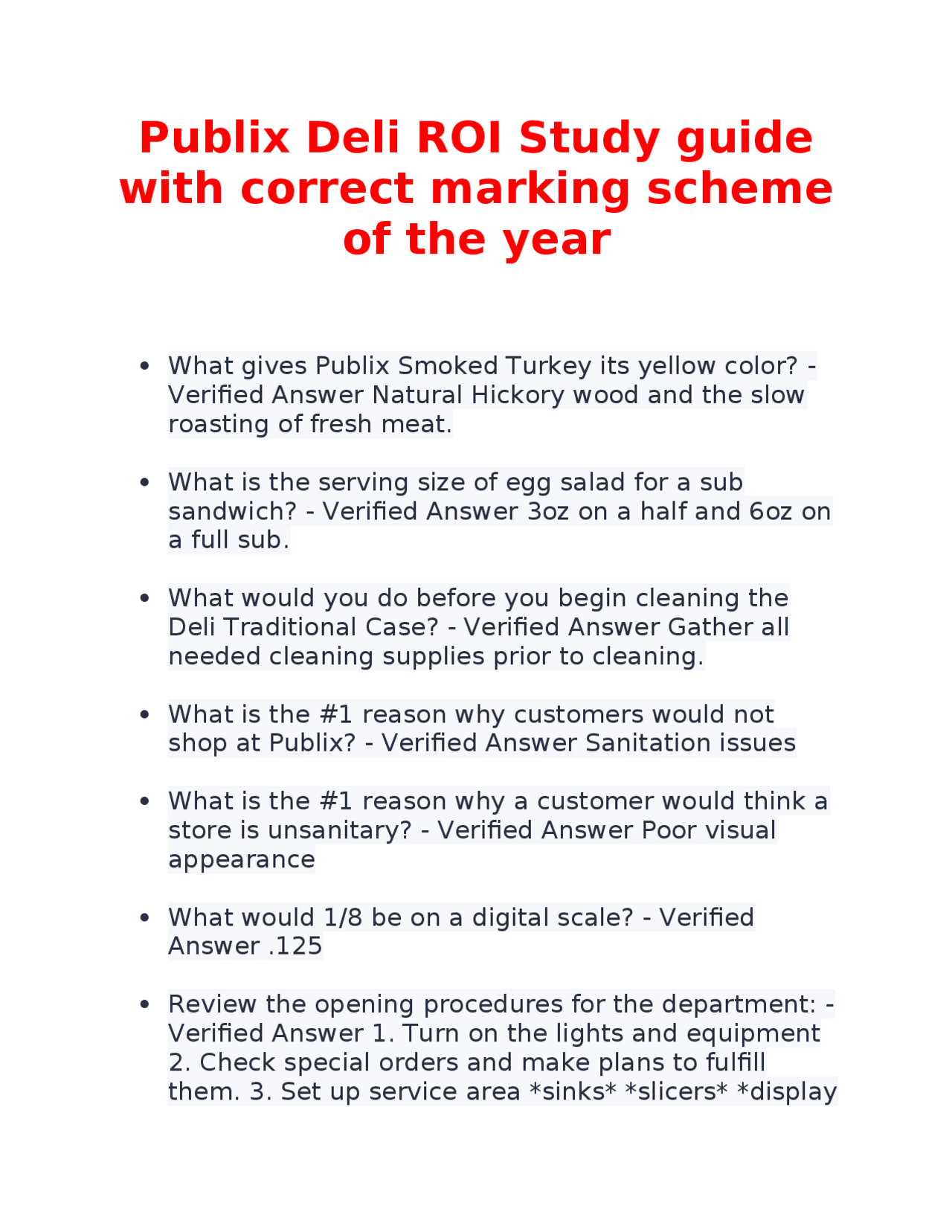 Publix Deli ROI Study guide with correct marking scheme of the year ...