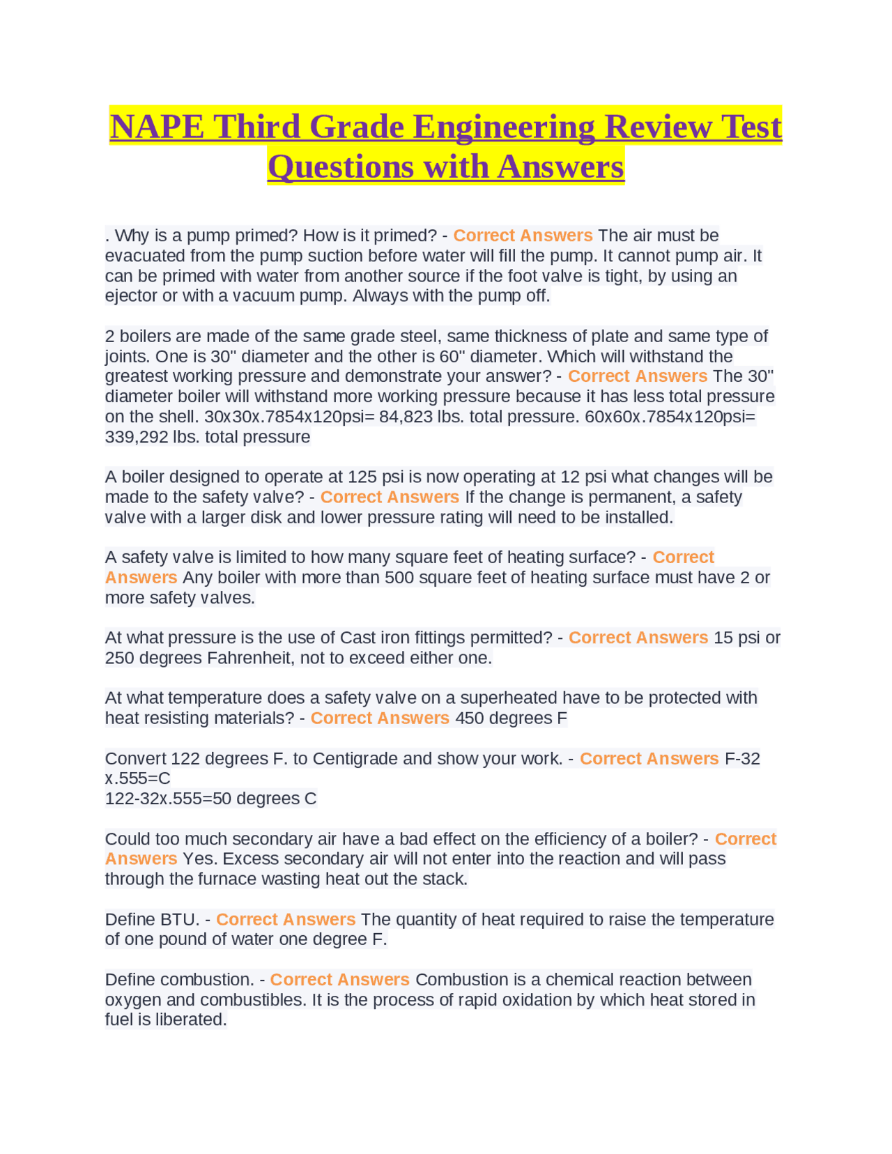 NAPE Third Grade Engineering Review Test Questions with Answers | Exams ...