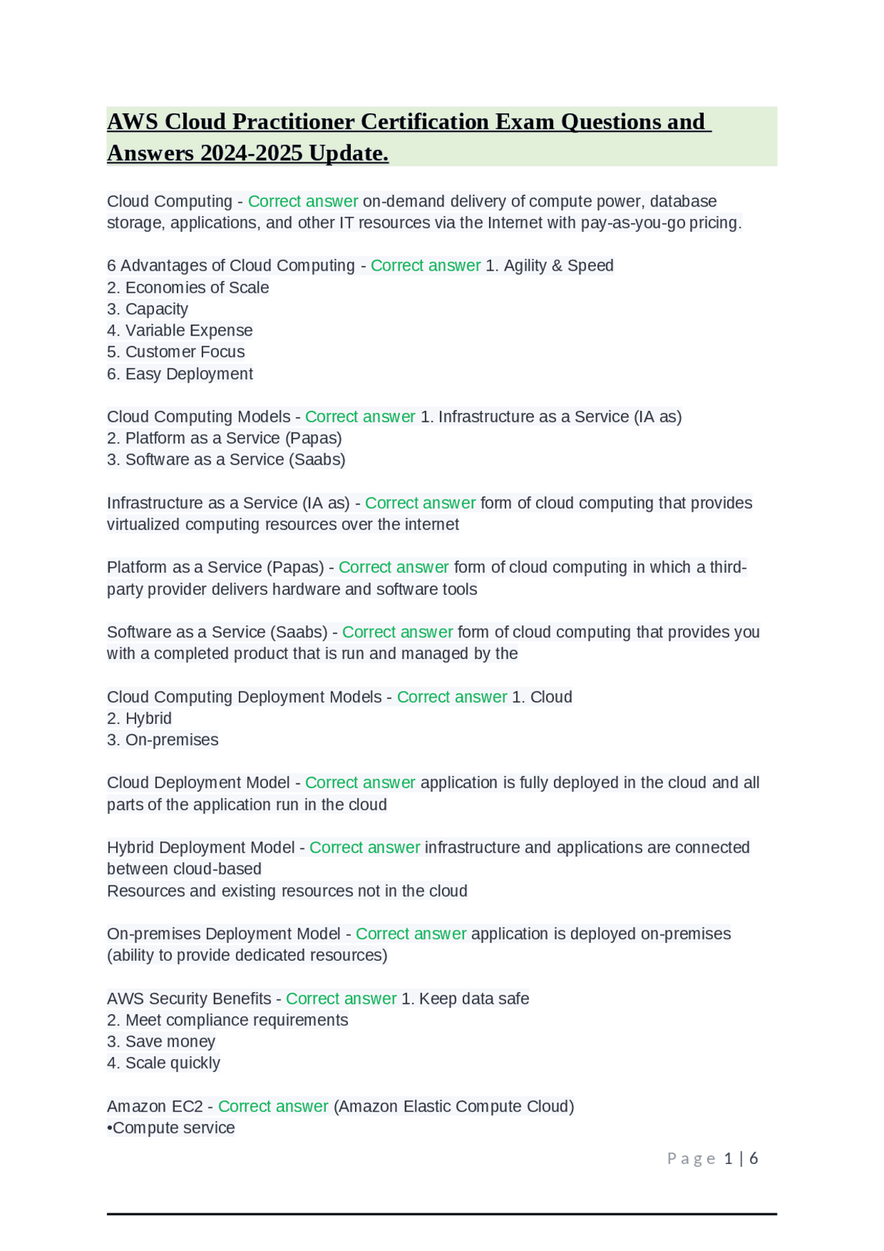 AWS Cloud Practitioner Certification Exam Questions and Answers 2024-2025 Update. | Exams ...