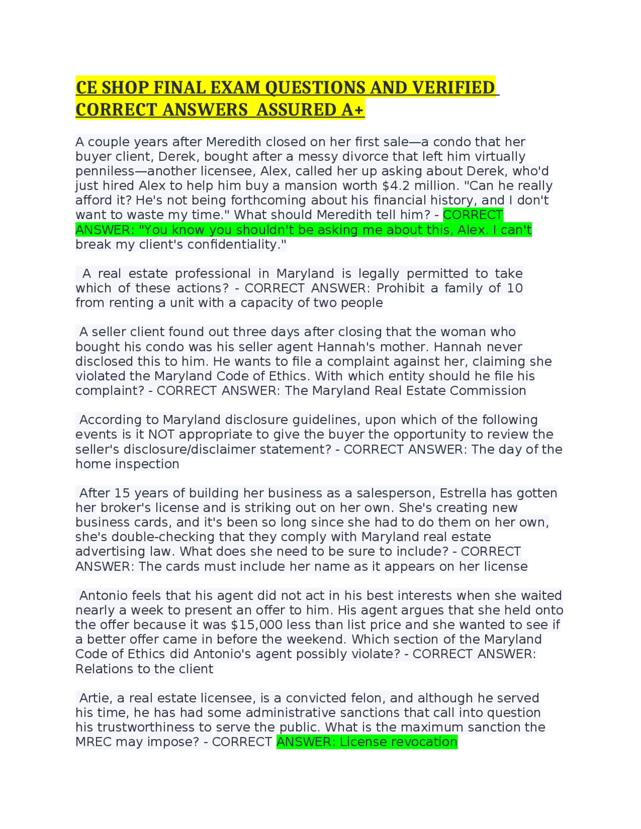 CE SHOP FINAL EXAM QUESTIONS AND VERIFIED CORRECT ANSWERS ASSURED A+ ...