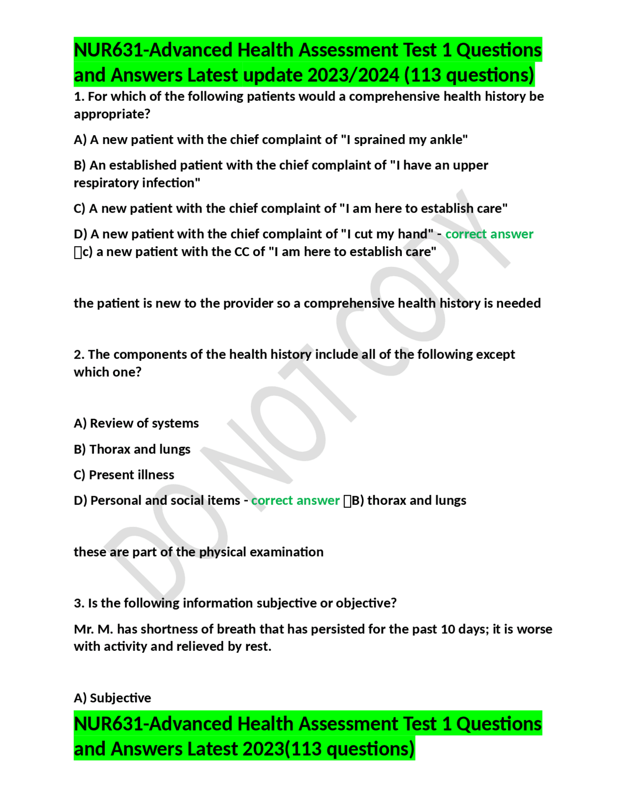 NUR631-Advanced Health Assessment Test 1 Questions and Answers Latest ...