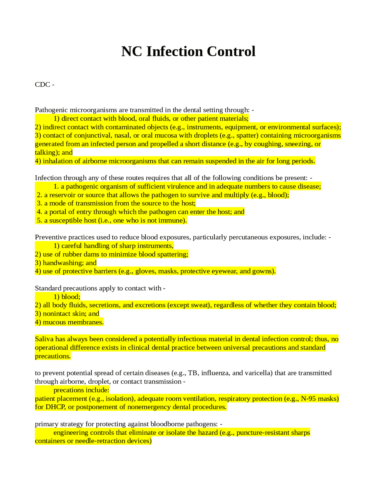 NC Infection Control NC Infection Control. | Exams Dentistry | Docsity