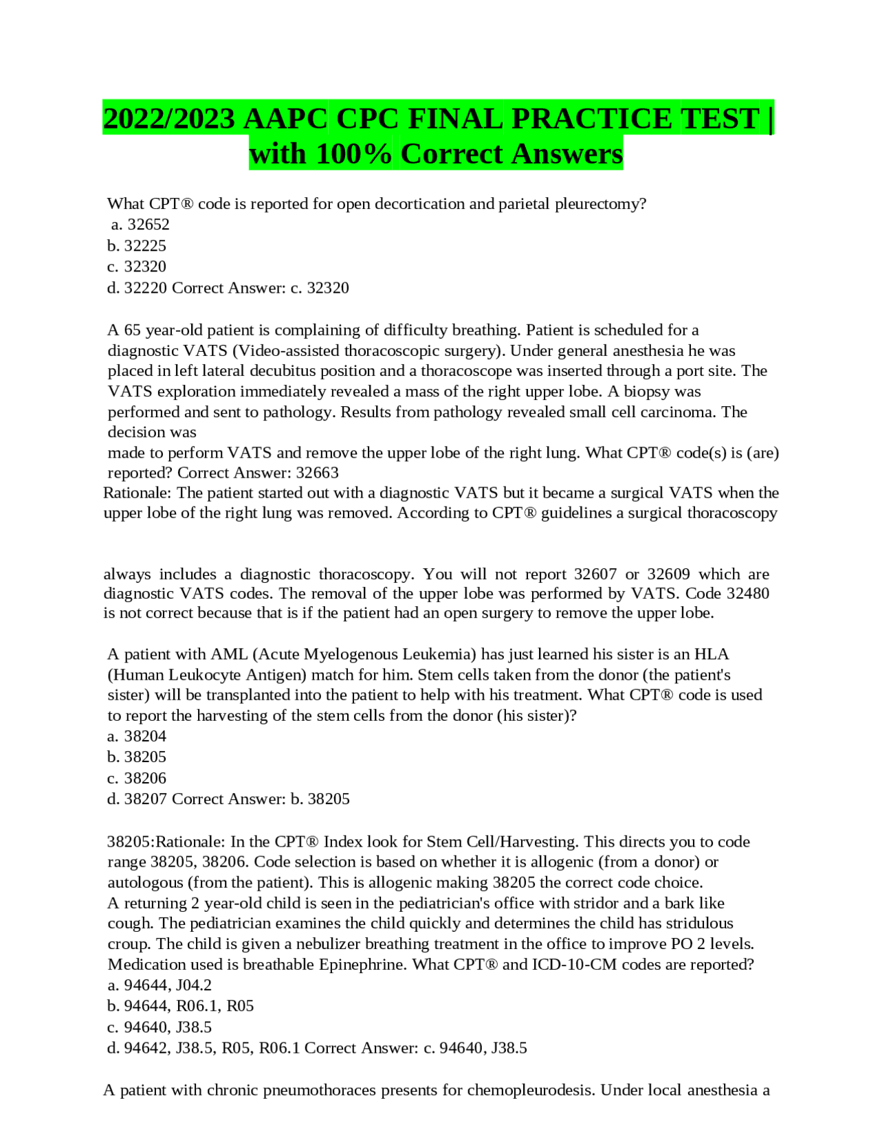 2022/2023 AAPC CPC FINAL PRACTICE TEST | with 100% Correct Answers ...