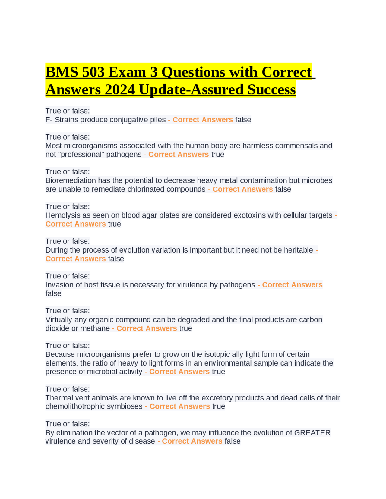 BMS 503 Exam 3 Questions with Correct Answers 2024 Update-Assured ...