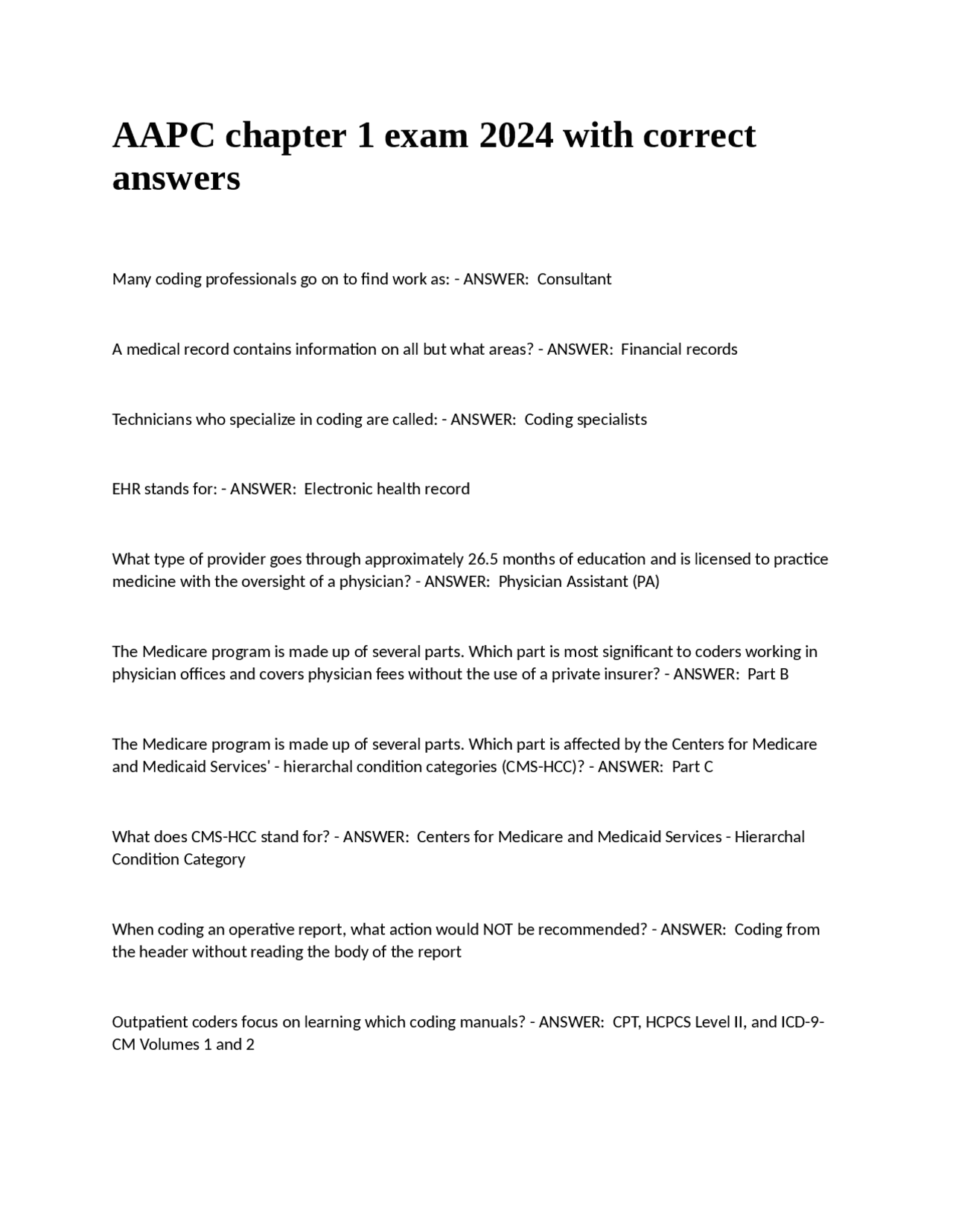 AAPC chapter 1 exam 2024 with correct answers | Exams Nursing | Docsity