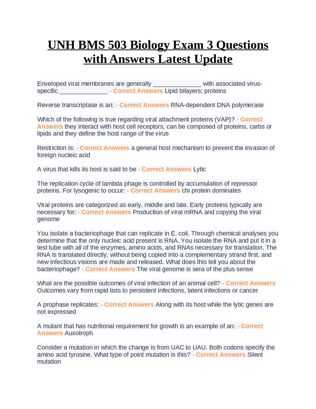 UNH BMS 503 Biology Exam 3 Questions with Answers Latest Update | Exams ...