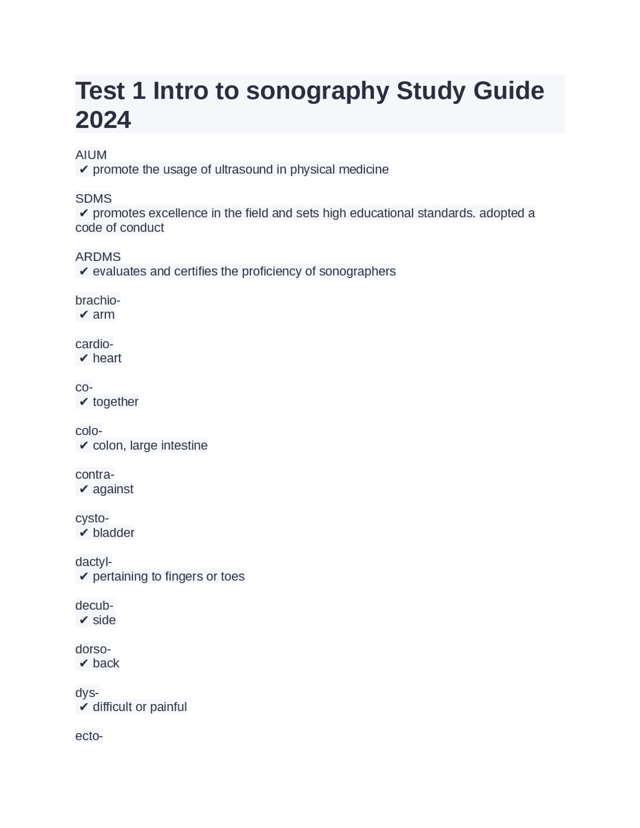 Test 1 Intro to sonography Study Guide 2024 | Exams Medicine | Docsity