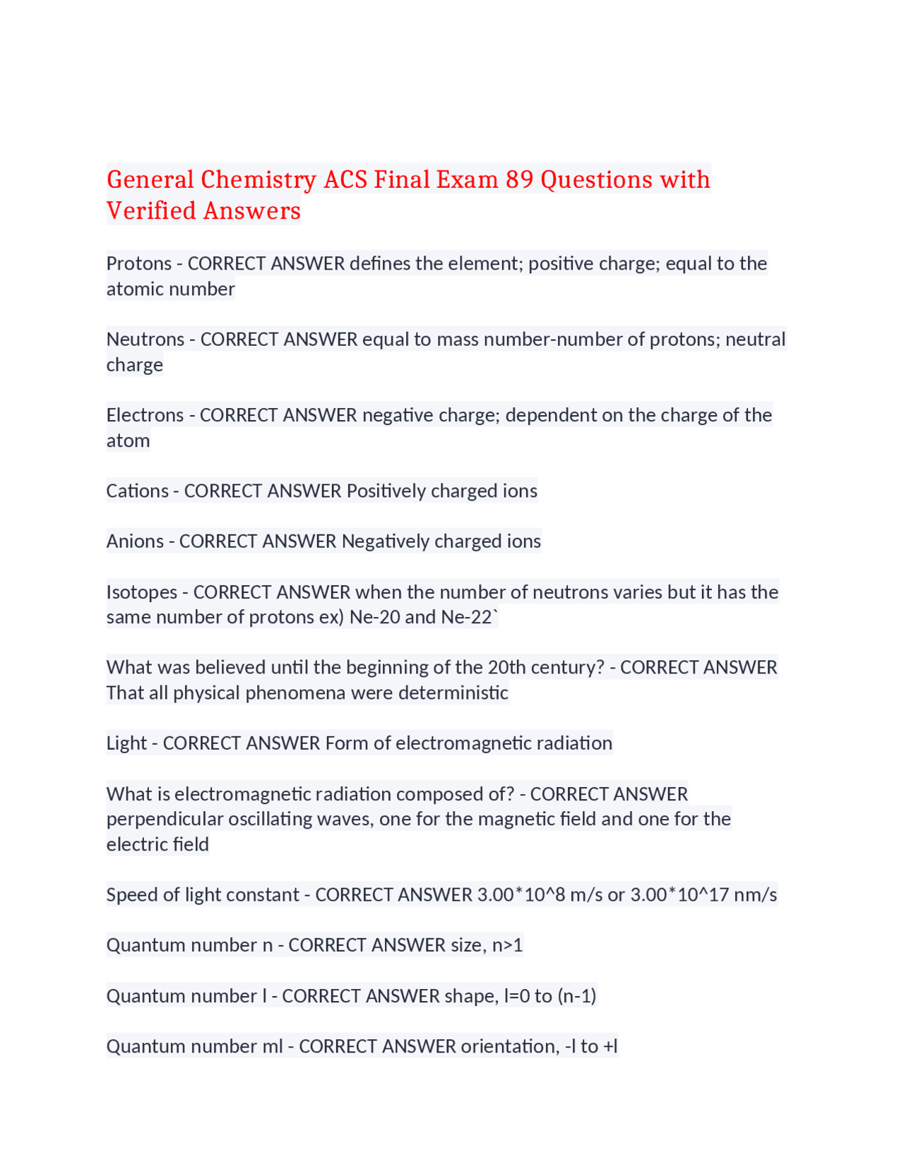 General Chemistry ACS Final Exam 89 Questions with Verified Answers,100 ...