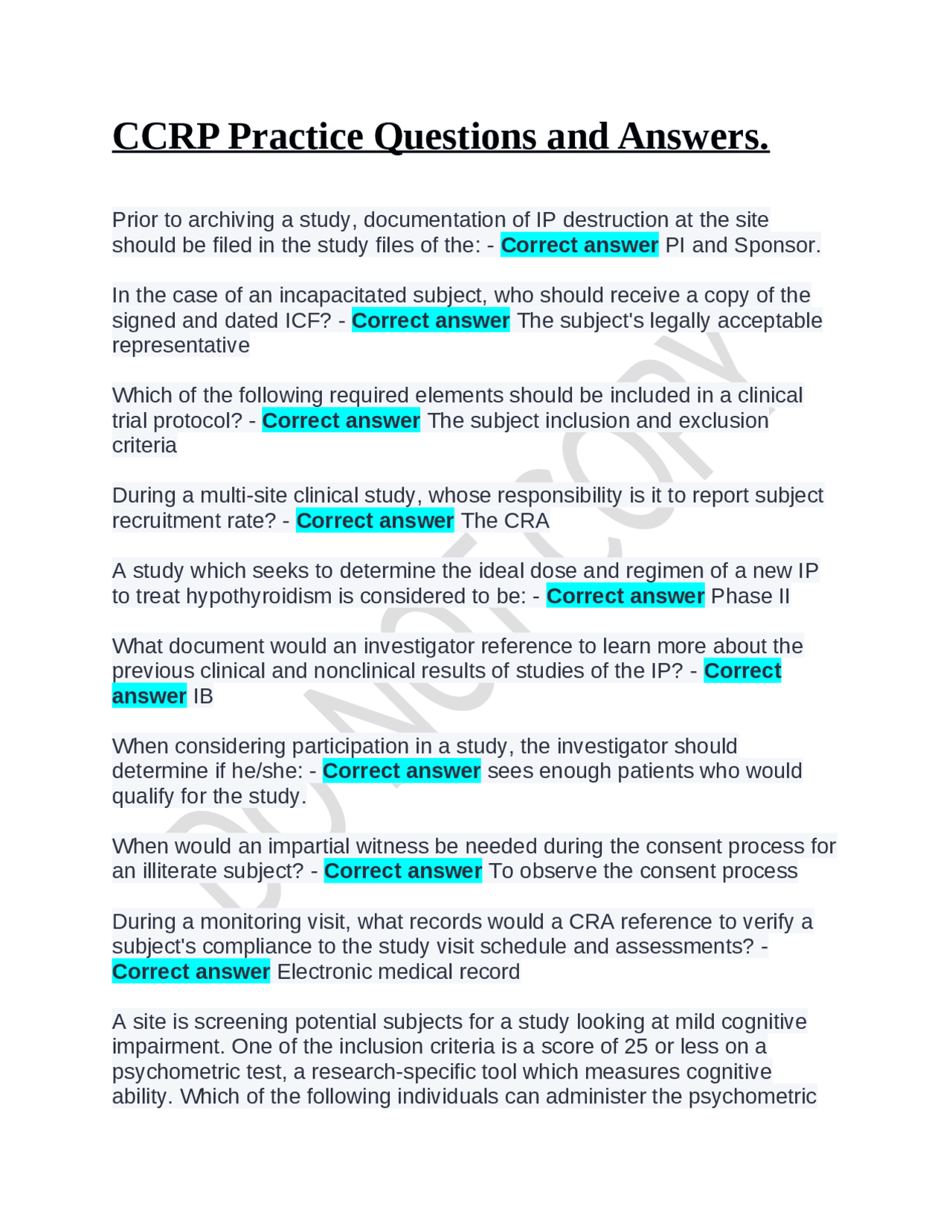 CCRP Questions with 100% Correct Answers. | Exams Nursing | Docsity