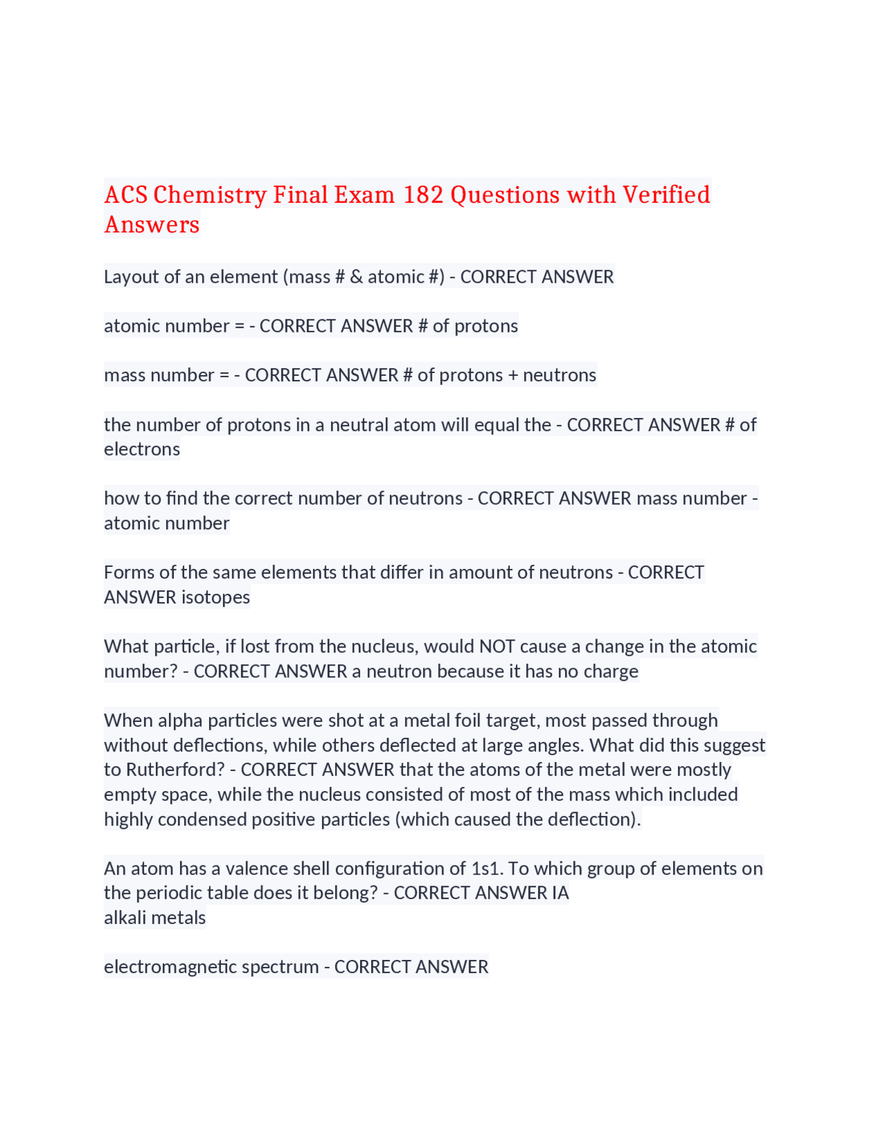 ACS Chemistry Final Exam 182 Questions with Verified Answers,100% ...