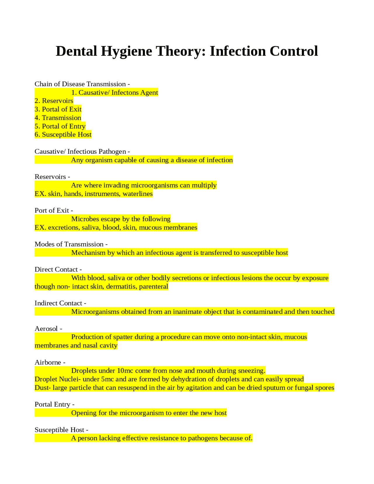 Dental Hygiene Theory: Infection Control. | Exams Dentistry | Docsity