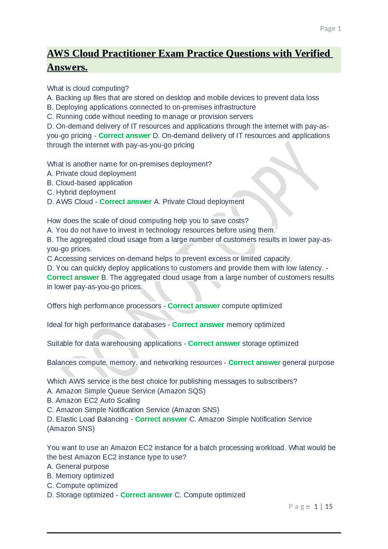 AWS Cloud Practitioner Exam Practice Questions with Verified Answers ...