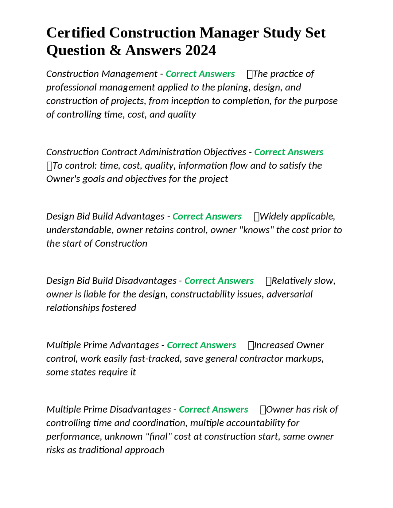 Certified Construction Manager Study Set Question & Answers 2024 | Exams Nursing | Docsity