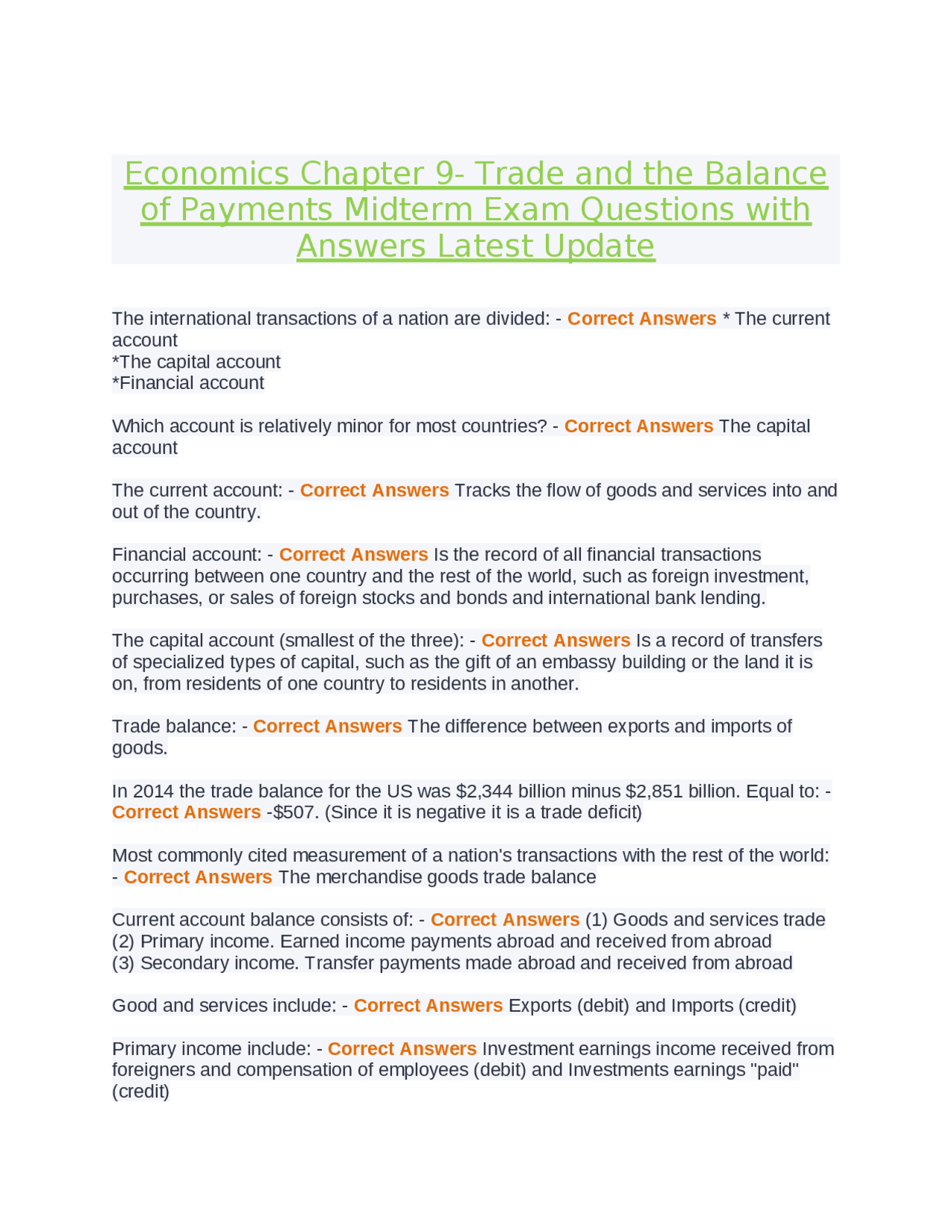 Economics Chapter 9: Trade and the Balance of Payments Midterm Exam ...