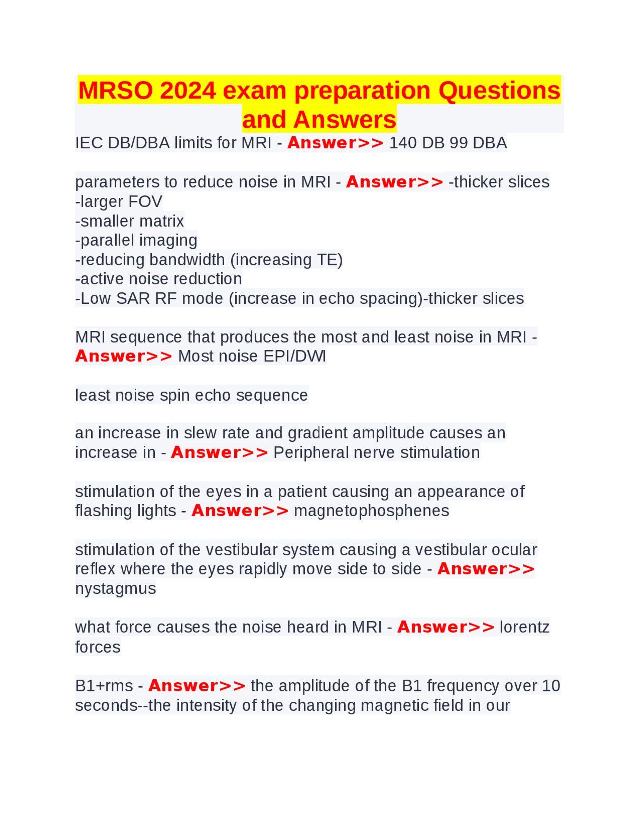 MRSO 2024 exam preparation Questions and Answers | Exams Magnetic Resonance Imaging (MRI) | Docsity