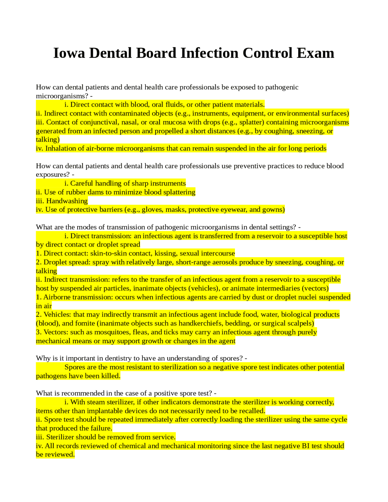 Iowa Dental Board Infection Control Exam | Exams Dentistry | Docsity