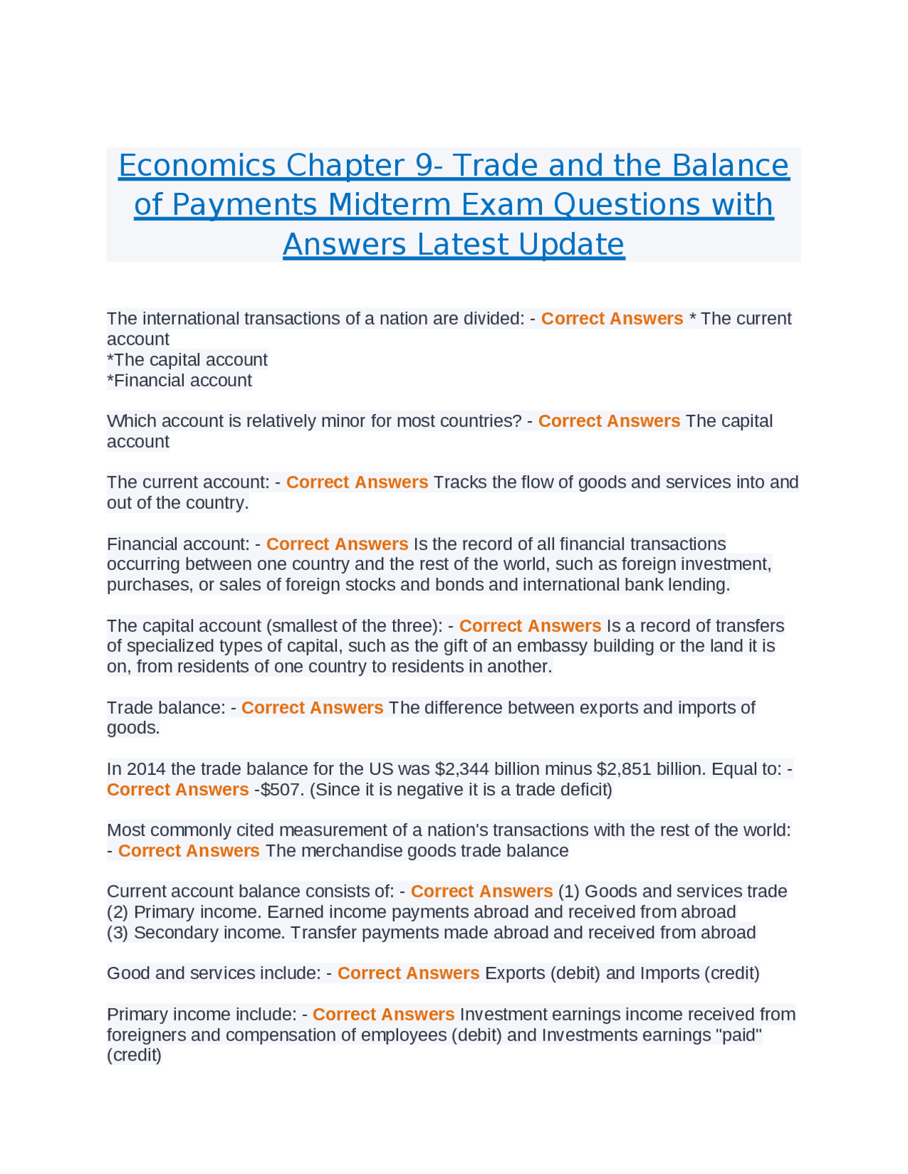 Economics Chapter 9: Trade and the Balance of Payments Midterm Exam Questions and Answers ...