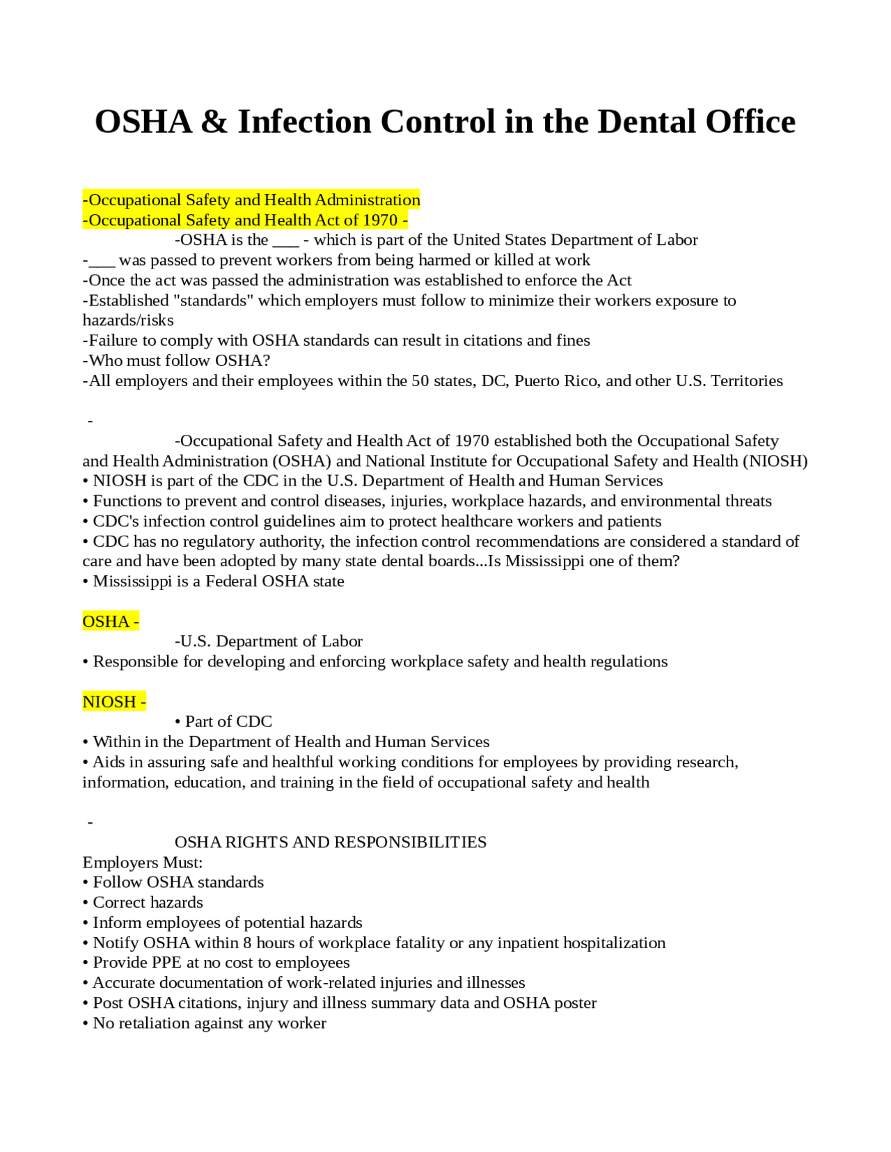 OSHA & Infection Control in the Dental Office | Exams Dentistry | Docsity