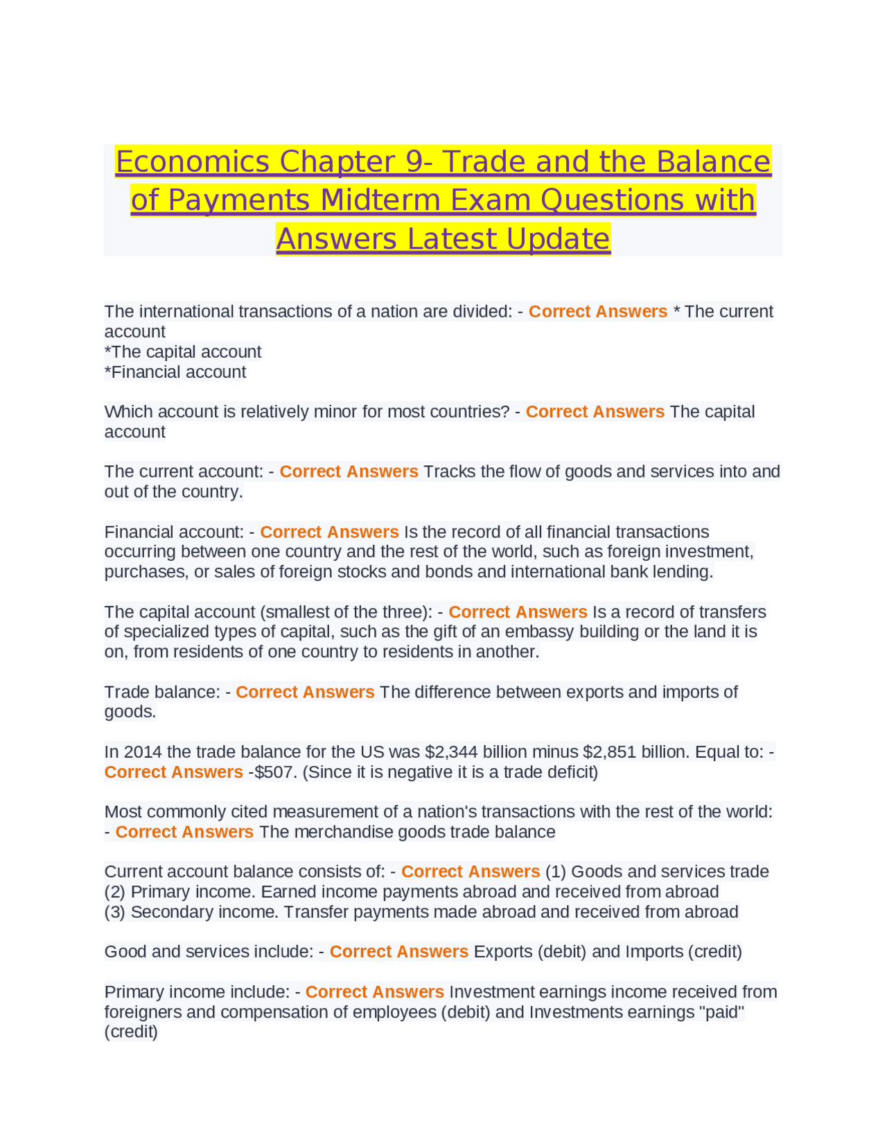 Economics Chapter 9- Trade and the Balance of Payments Midterm Exam ...