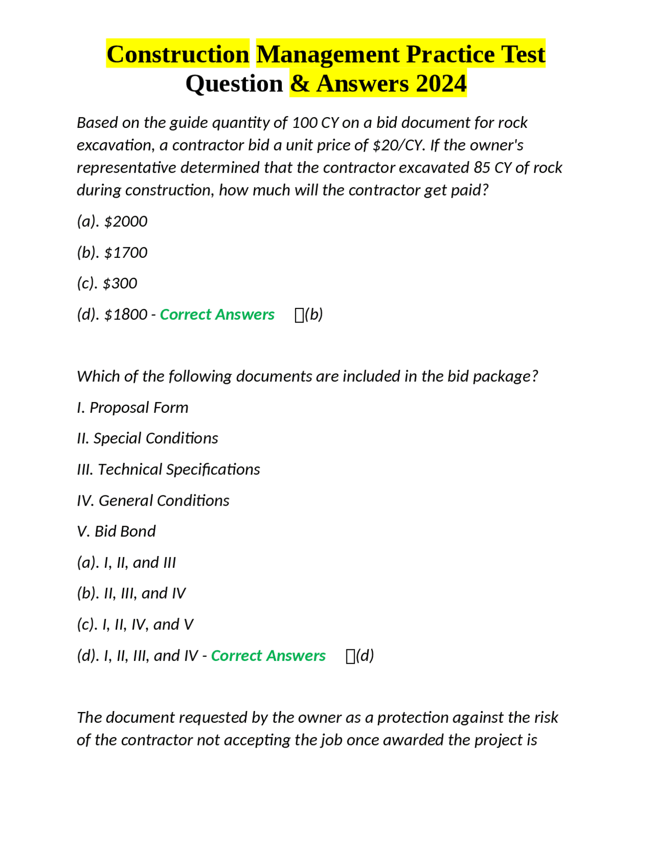 Construction Management Practice Test Question & Answers 2024 | Exams ...