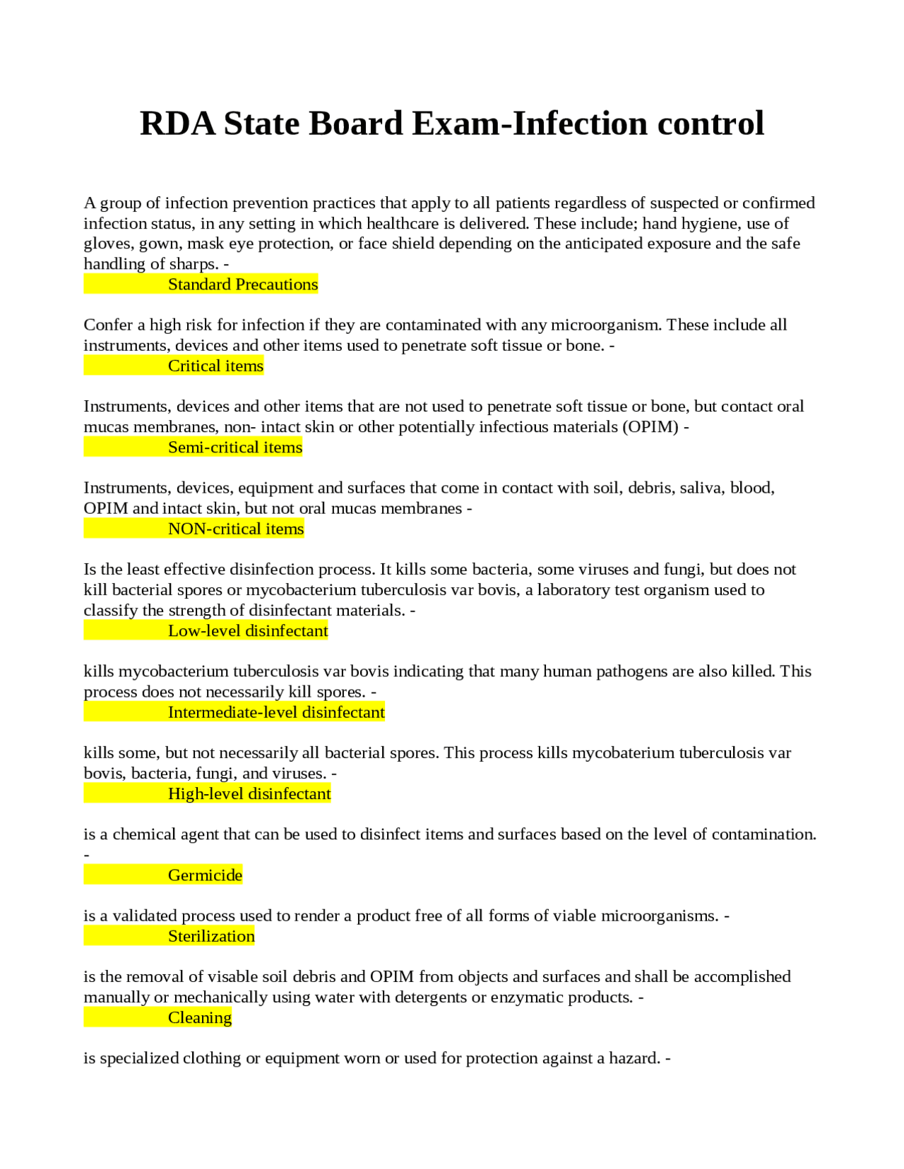 RDA State Board Exam-Infection control. | Exams Dentistry | Docsity