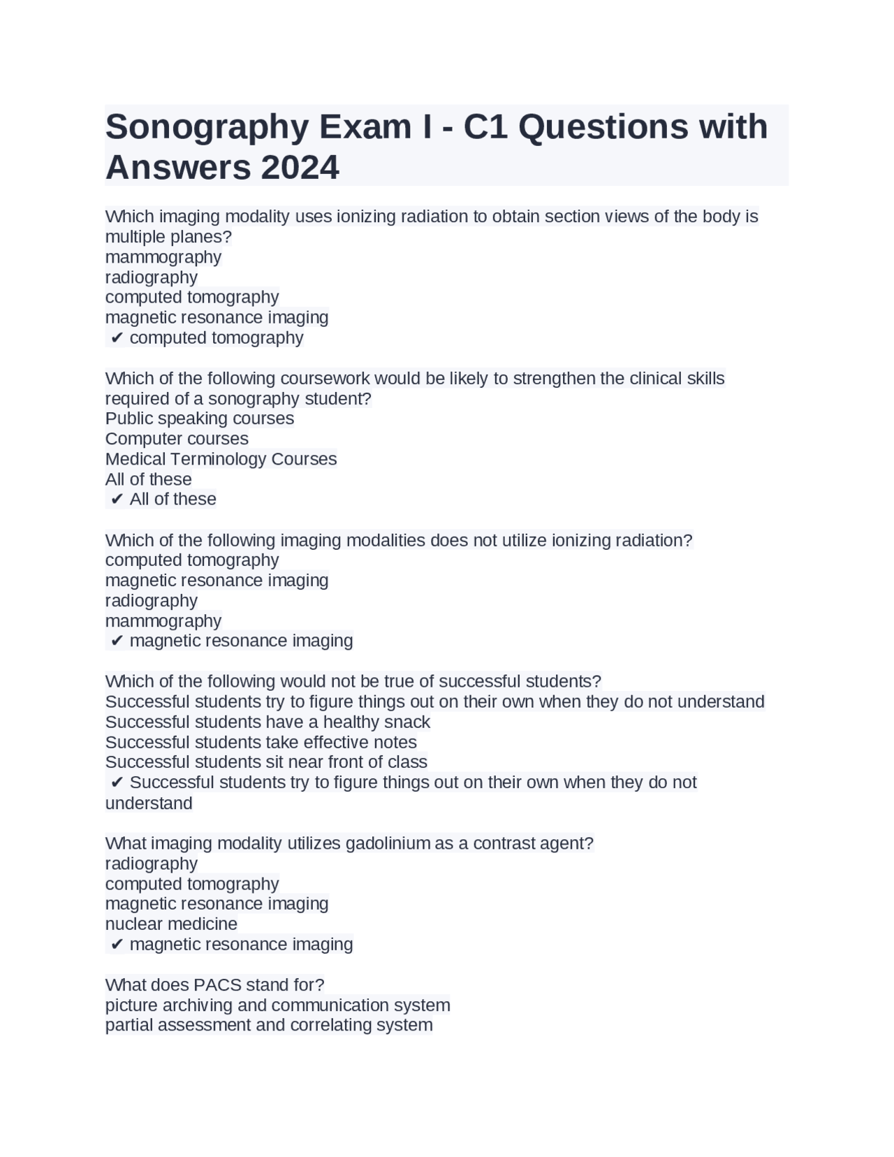 Sonography Exam I - C1 Questions with Answers 2024 | Exams Medicine ...
