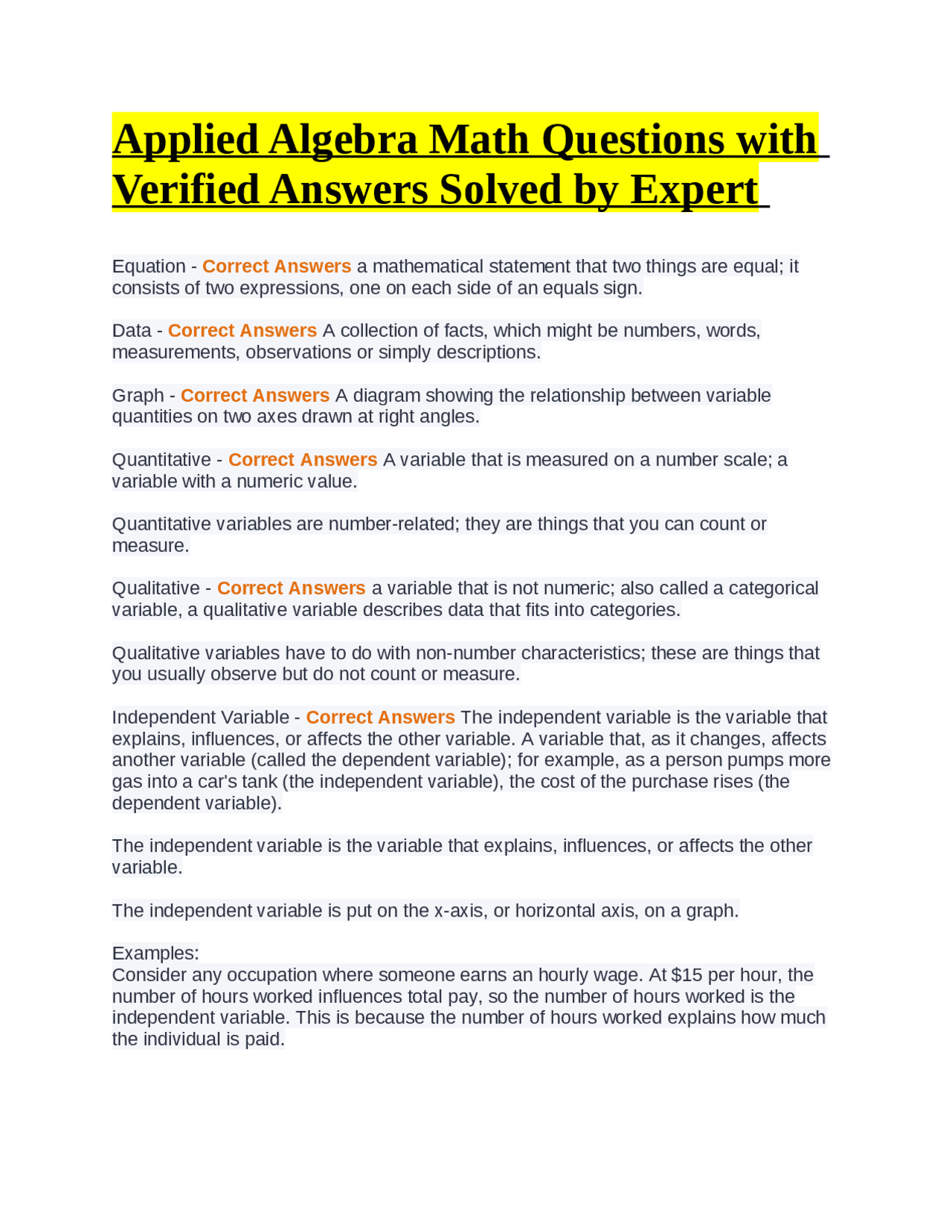 Applied Algebra Math Questions with Verified Answers Solved by Expert | Exams Mathematics | Docsity