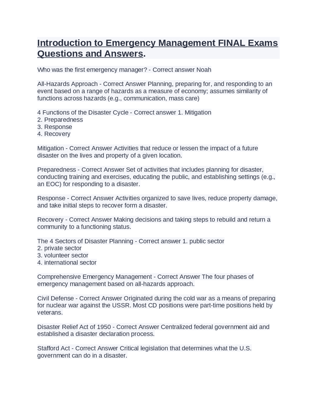 Introduction to Emergency Management FINAL Exams Questions and Answers ...