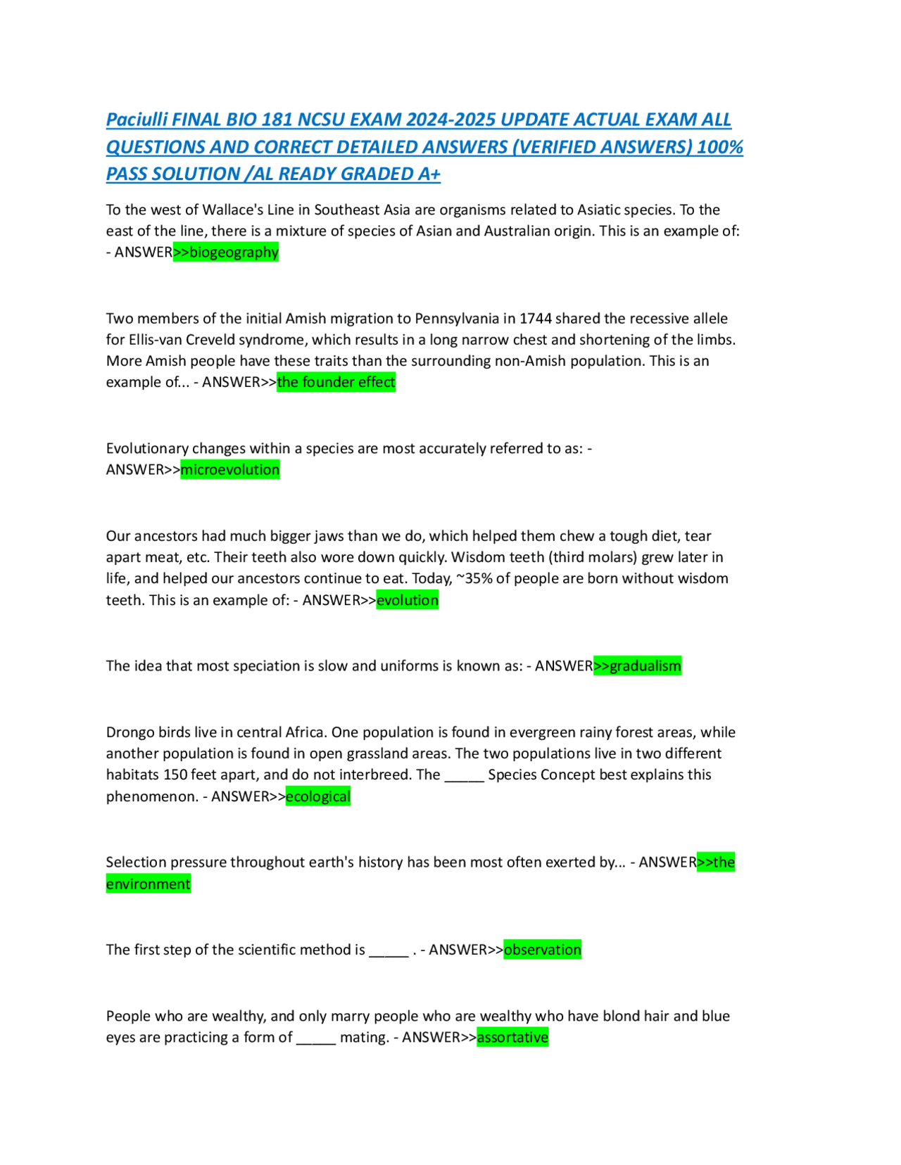 Paciulli FINAL BIO 181 NCSU EXAM 2024-2025 UPDATE ACTUAL EXAM 320 ...