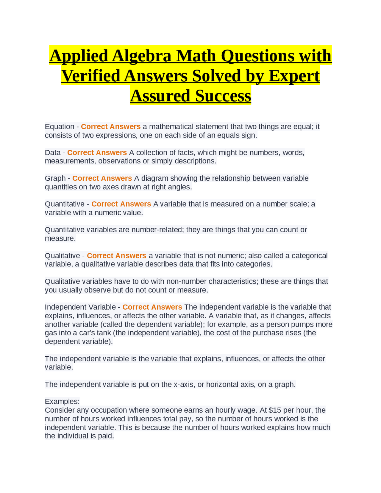 Applied Algebra Math Questions with Verified Answers Solved by Expert ...