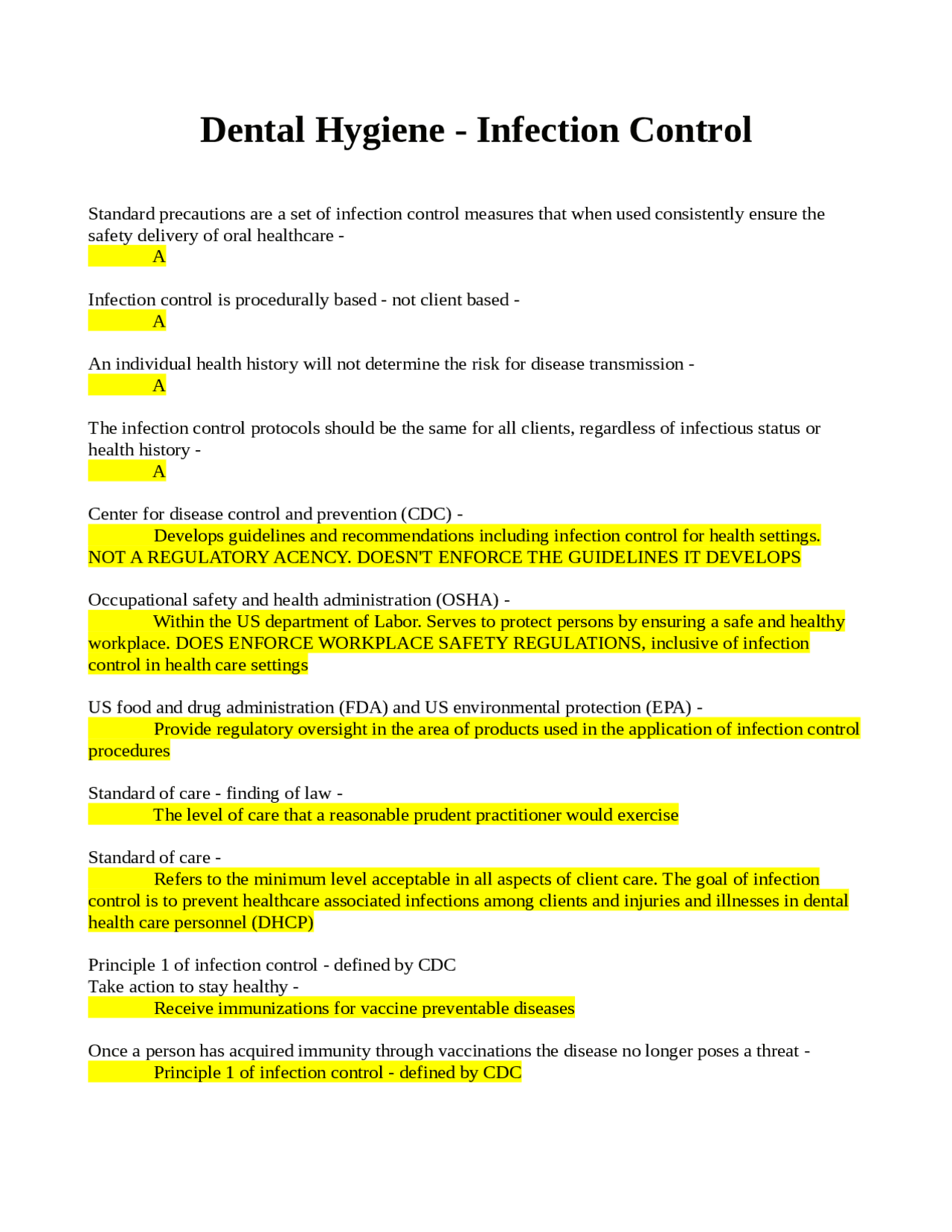 Dental Hygiene - Infection Control. | Exams Dentistry | Docsity