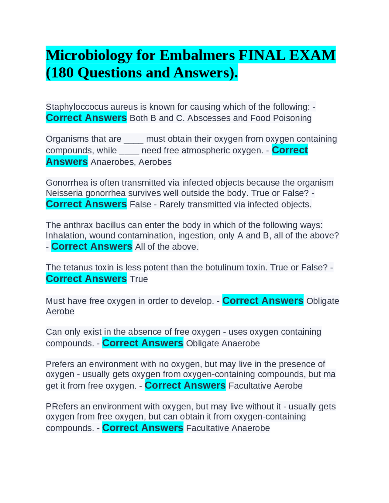Microbiology for Embalmers FINAL EXAM (180 Questions and Answers ...