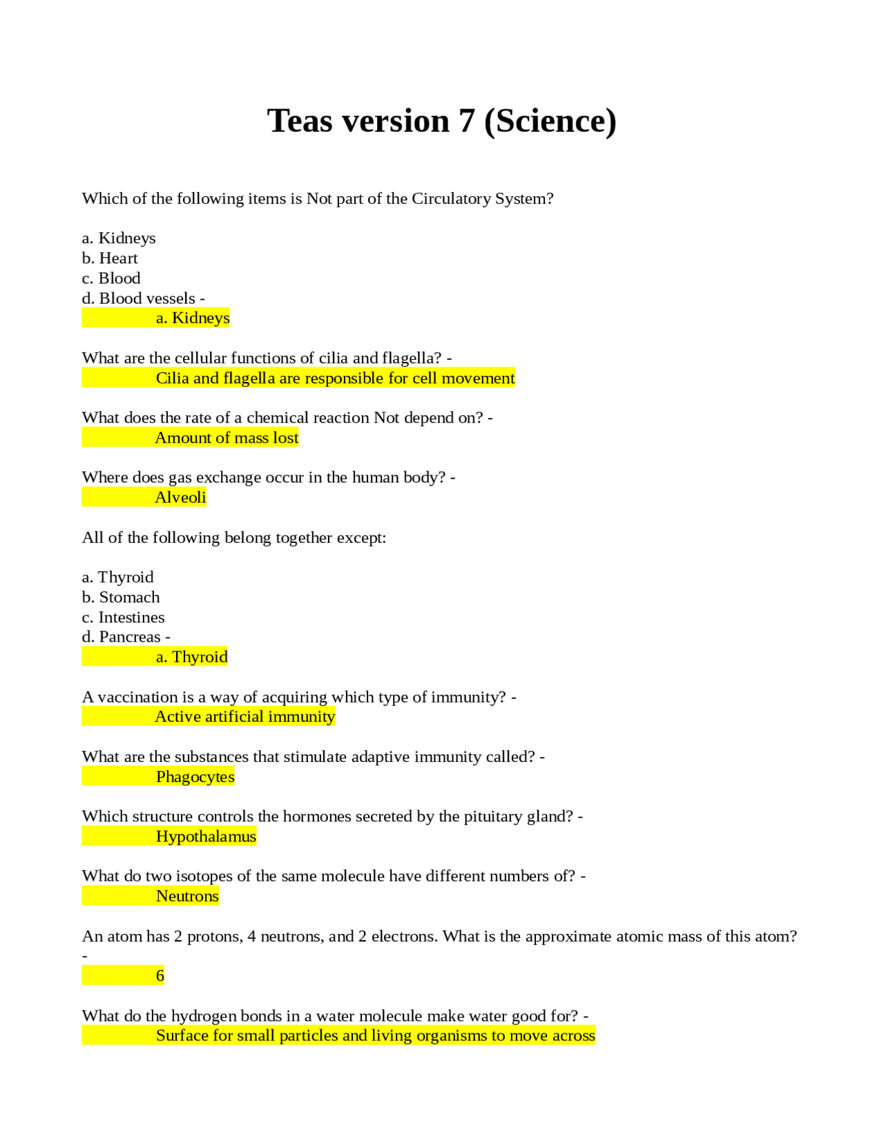 Teas version 7 (Science). | Exams Natural Science | Docsity