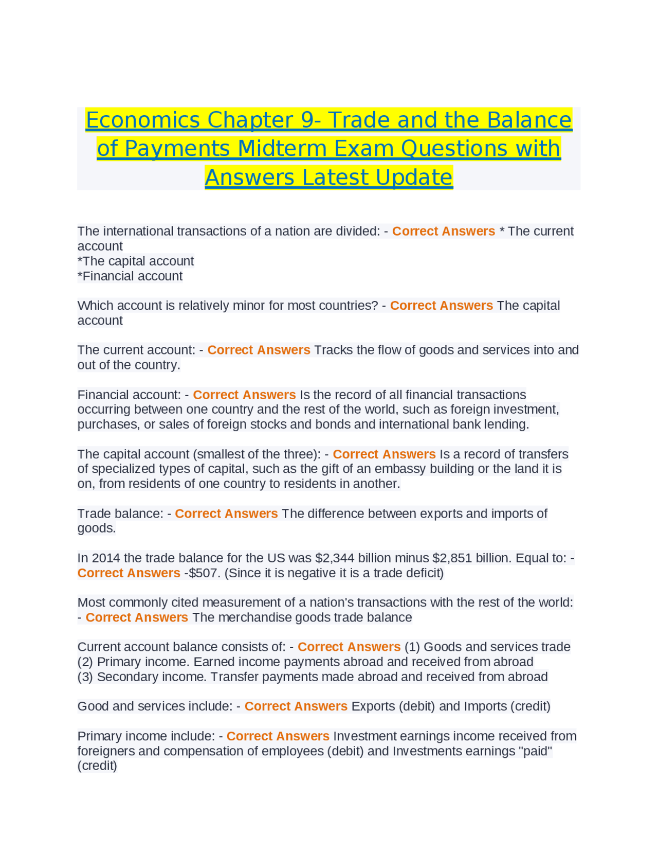 Economics Chapter 9: Trade and the Balance of Payments Midterm Exam Questions and Answers ...
